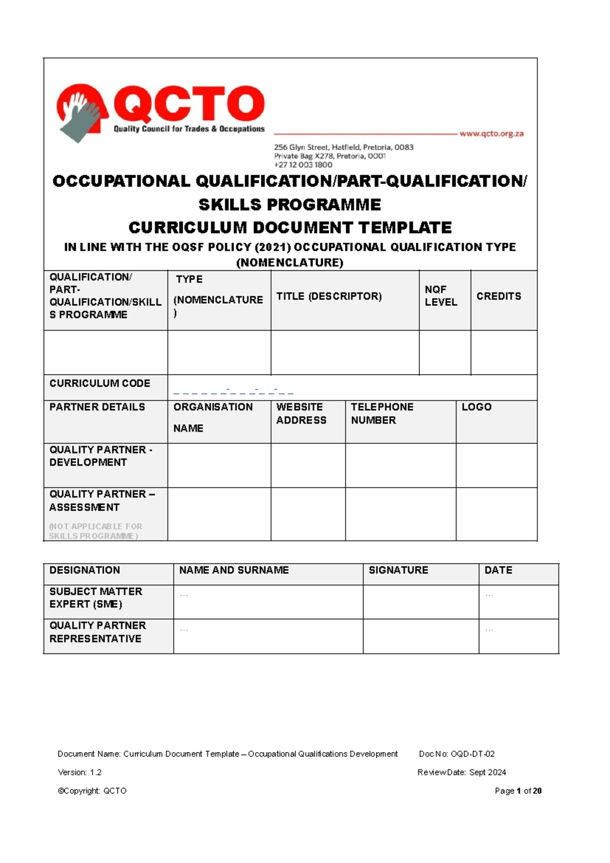 OQSF Curriculum Document Template for Occupational Qualifications v1.2 ...