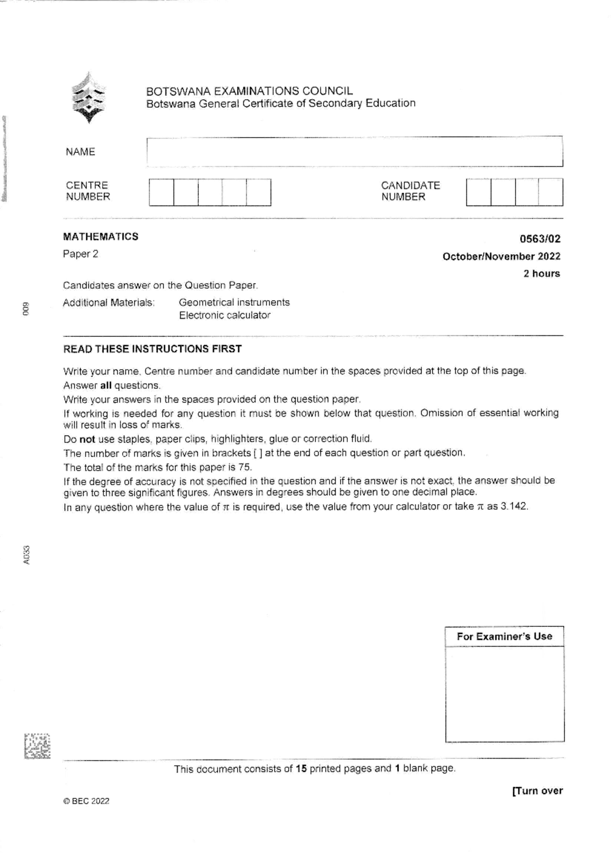 MATHEMATICS Paper 2 BEC 2022 - Exam Notes and Guidelines - Studocu