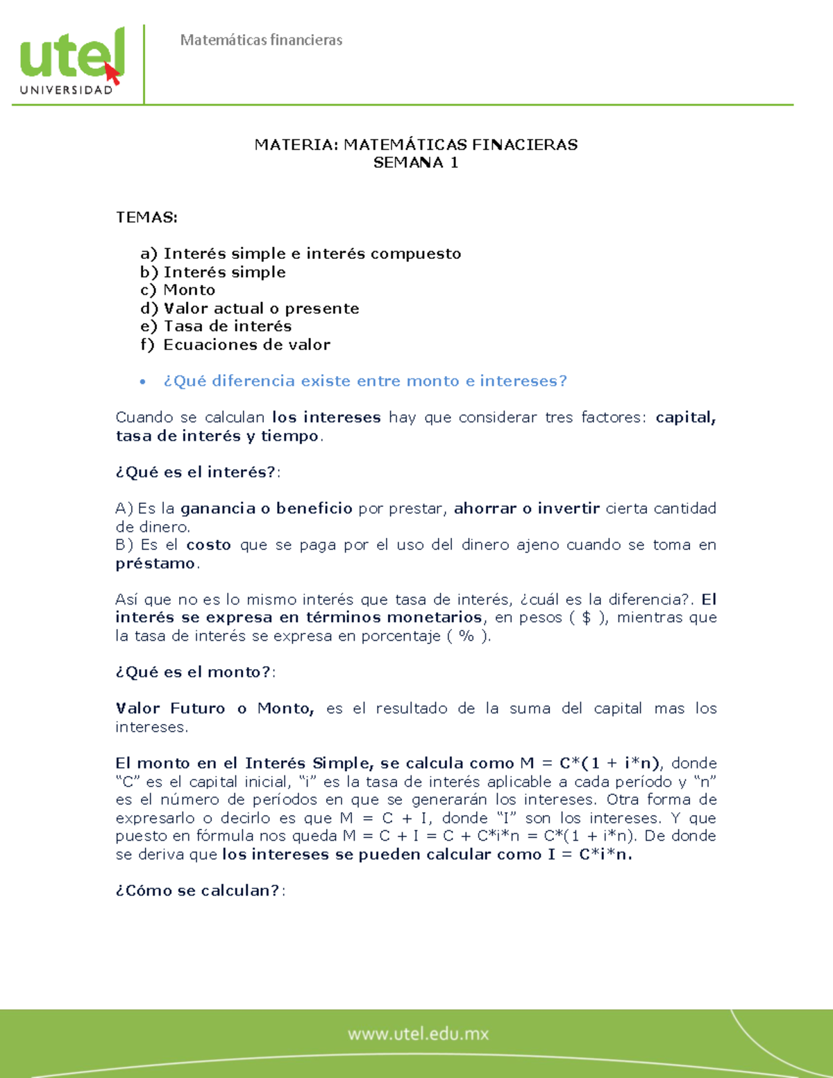 Formulas de interes simple - MATERIA: MATEMÁTICAS FINACIERAS SEMANA 1 ...