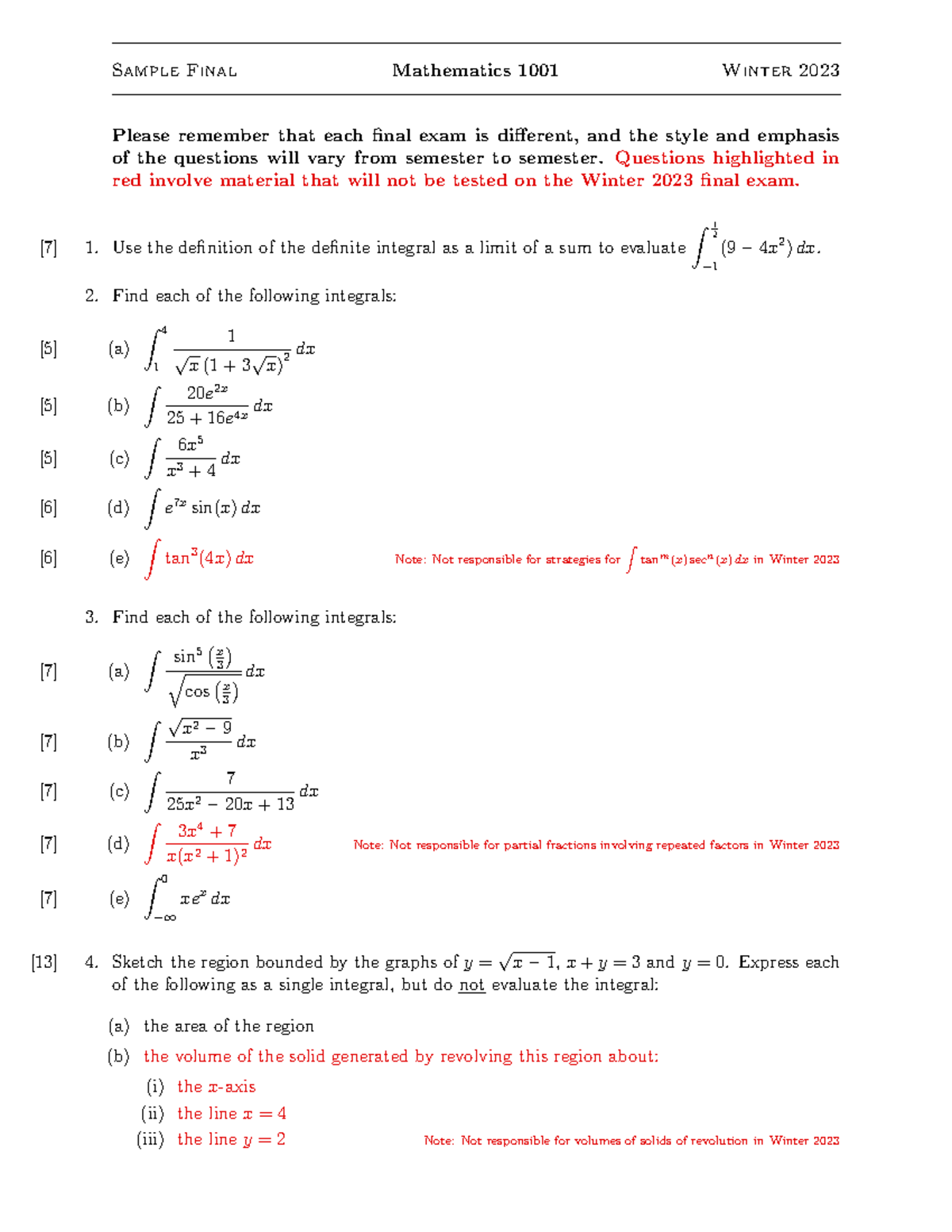 Math 1001 Winter 2023 Sample Final Exam Review Notes - Studocu