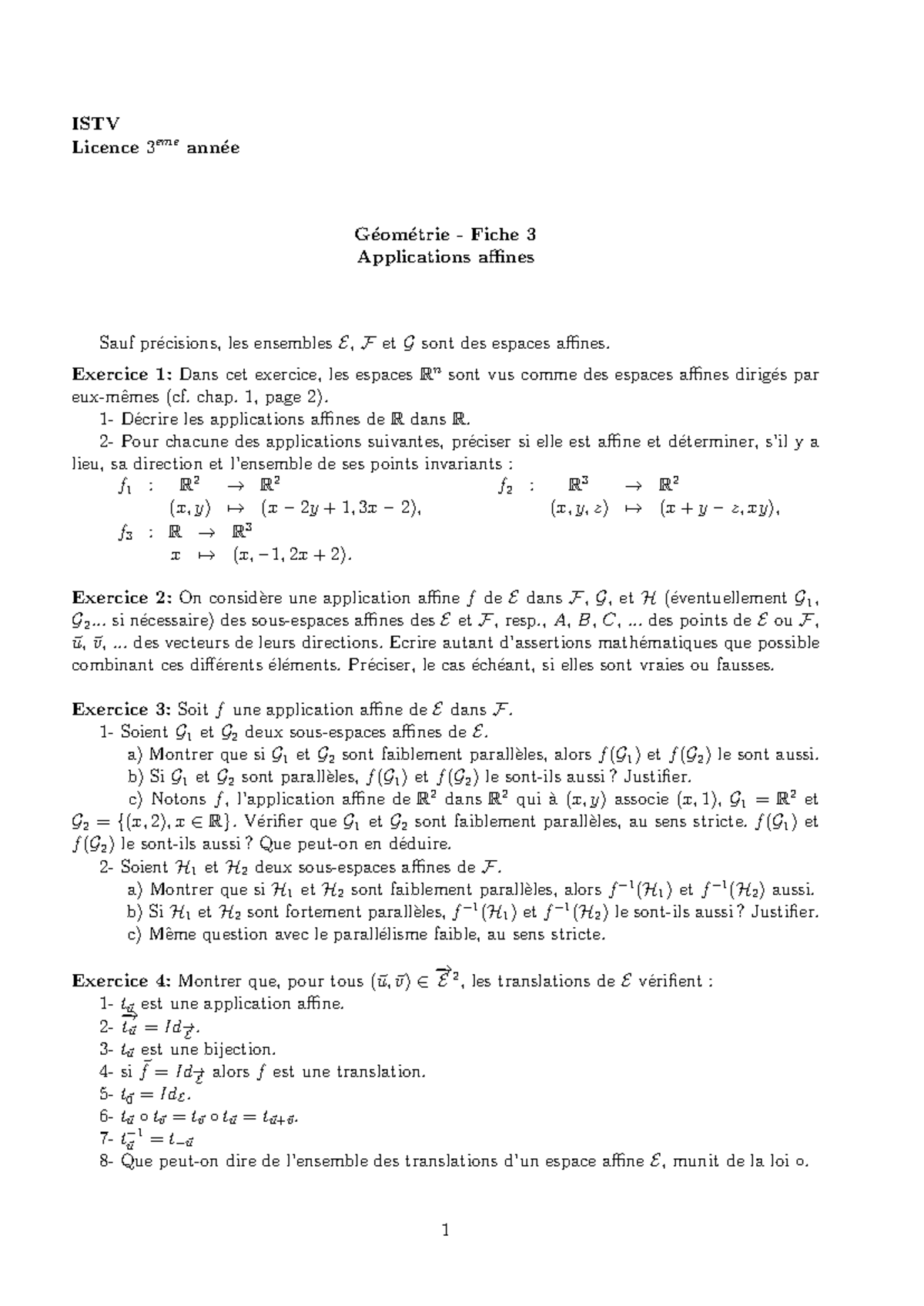 Fiche TD3: Applications Affines en L3 Maths - Géométrie - Studocu
