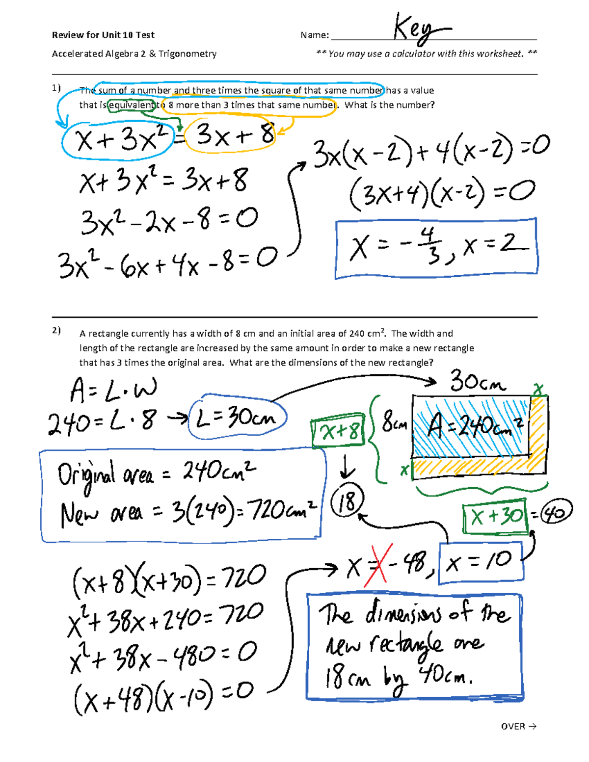 AA2 Unit 010 Test Review Key - Review for Unit 10 Test Name