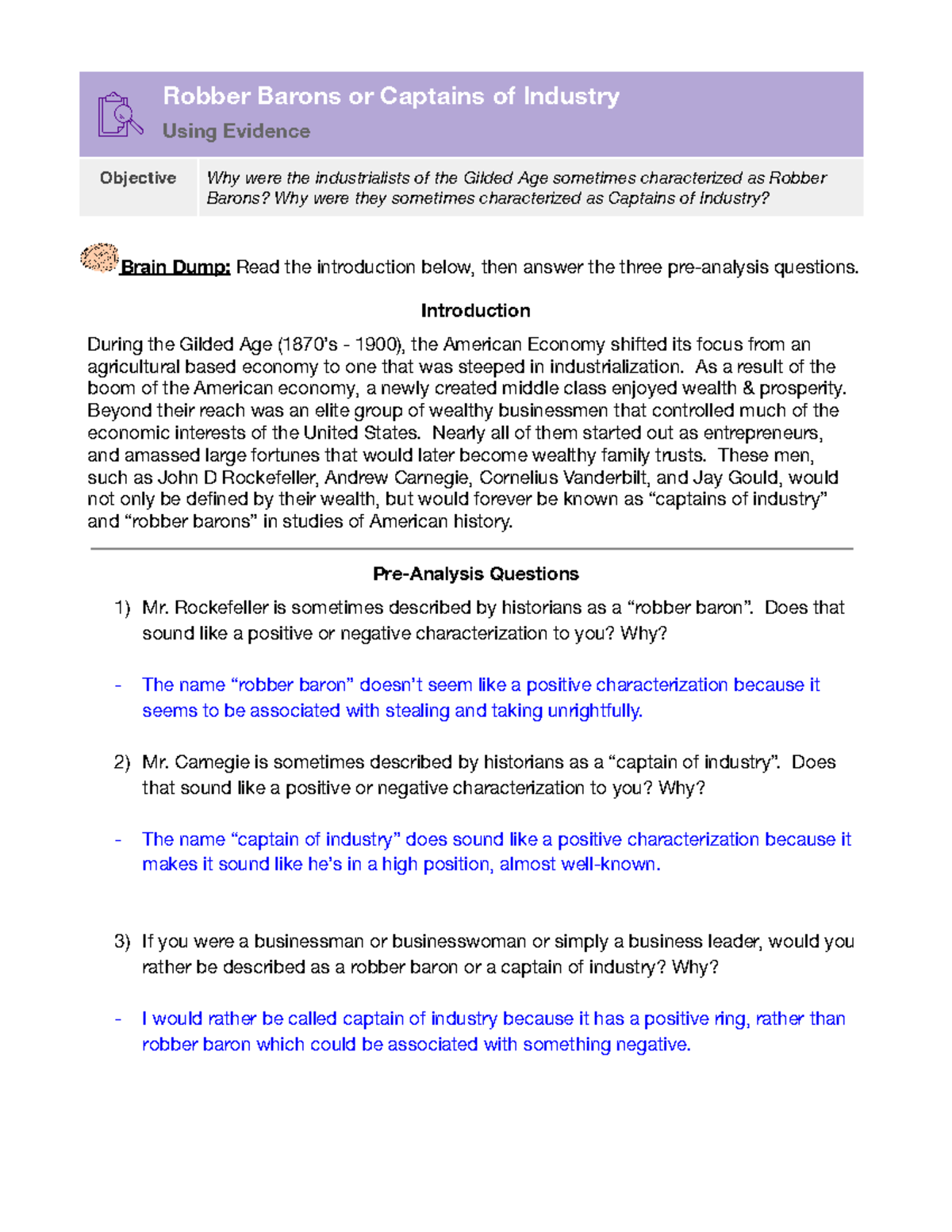 11th Robber Barons - Robber Barons or Captains of Industry Using ...