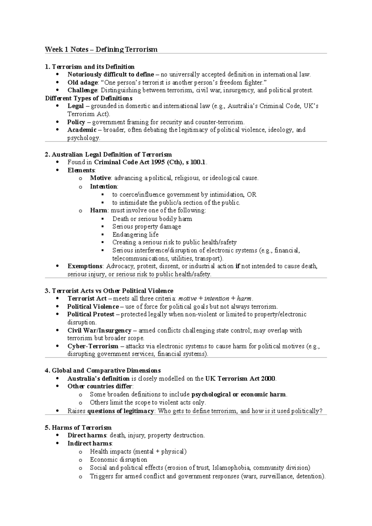 Week 1-3 Notes on Terrorism Definitions and Legal Frameworks - Studocu