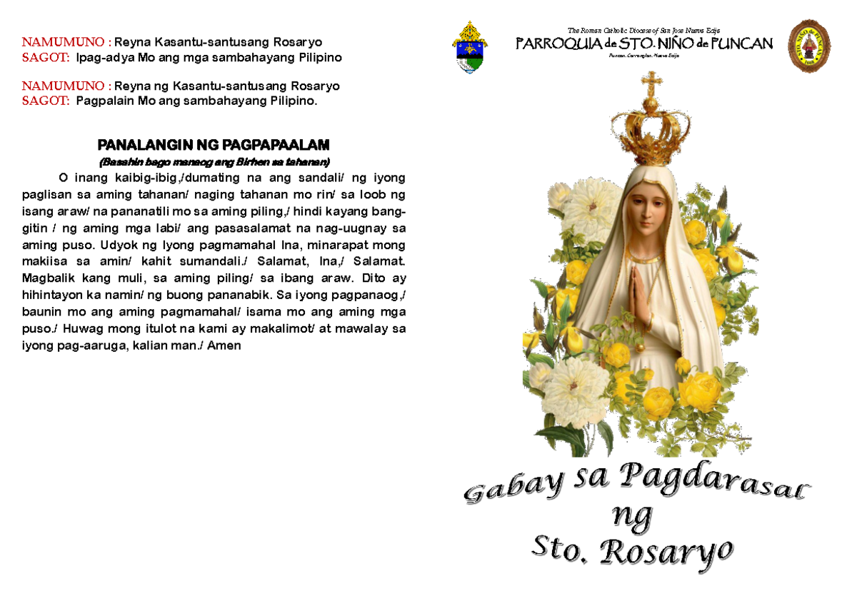 Santo Rosaryo: Panalangin at mga Misteryo ng Bawat Araw - Studocu