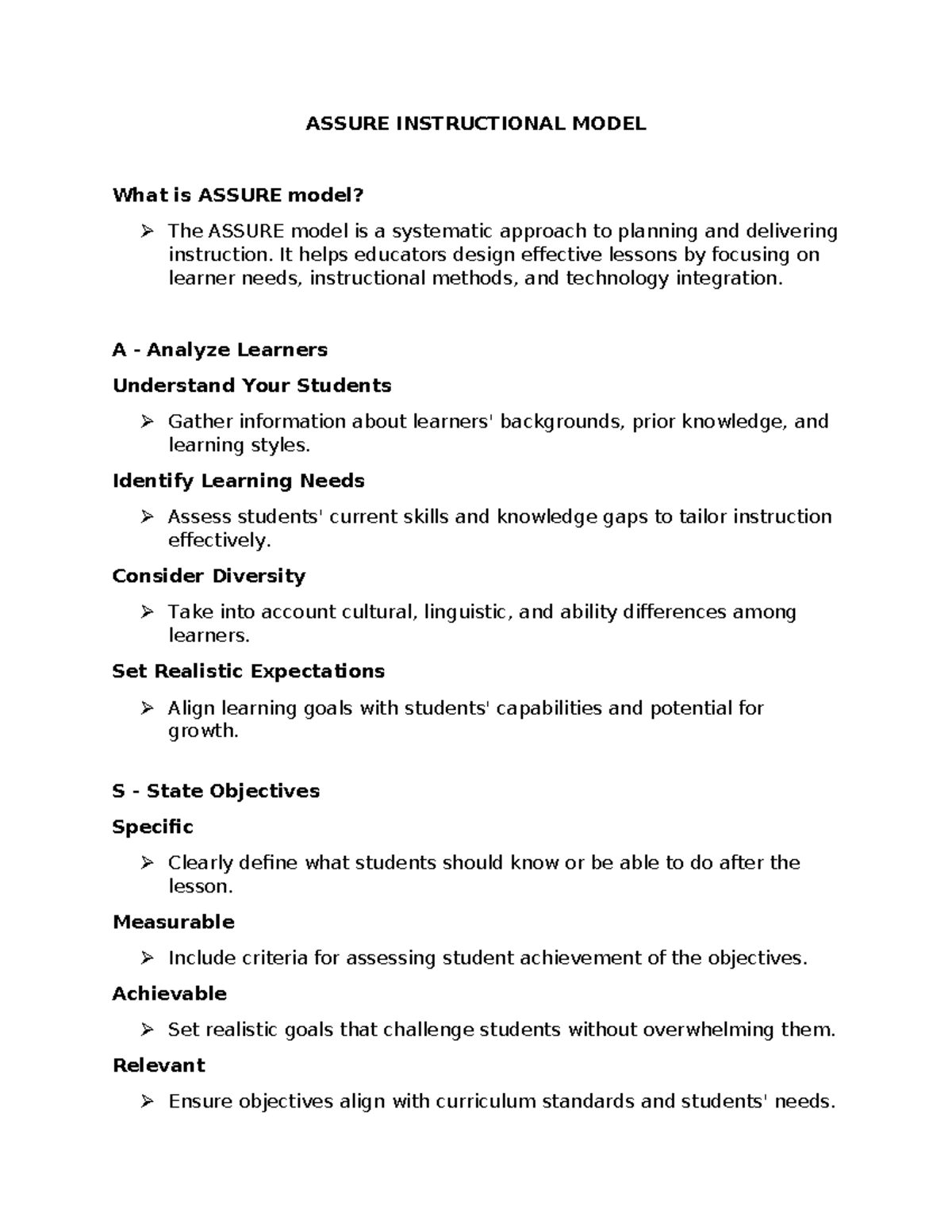 Assure Instructional Model - ASSURE INSTRUCTIONAL MODEL What is ASSURE ...