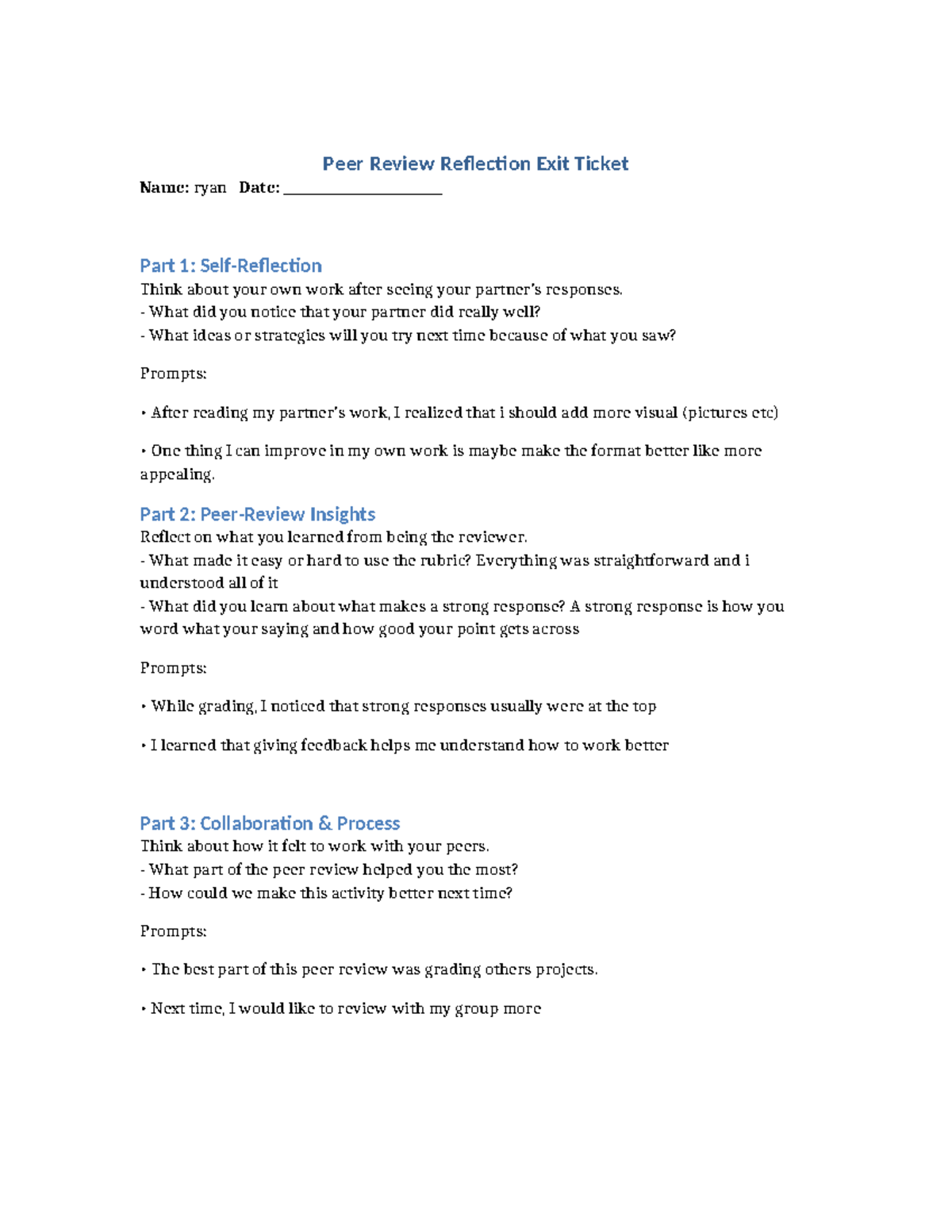 ENG 101 - Peer Review Reflection Exit Ticket by Ryan Villatoro - Studocu