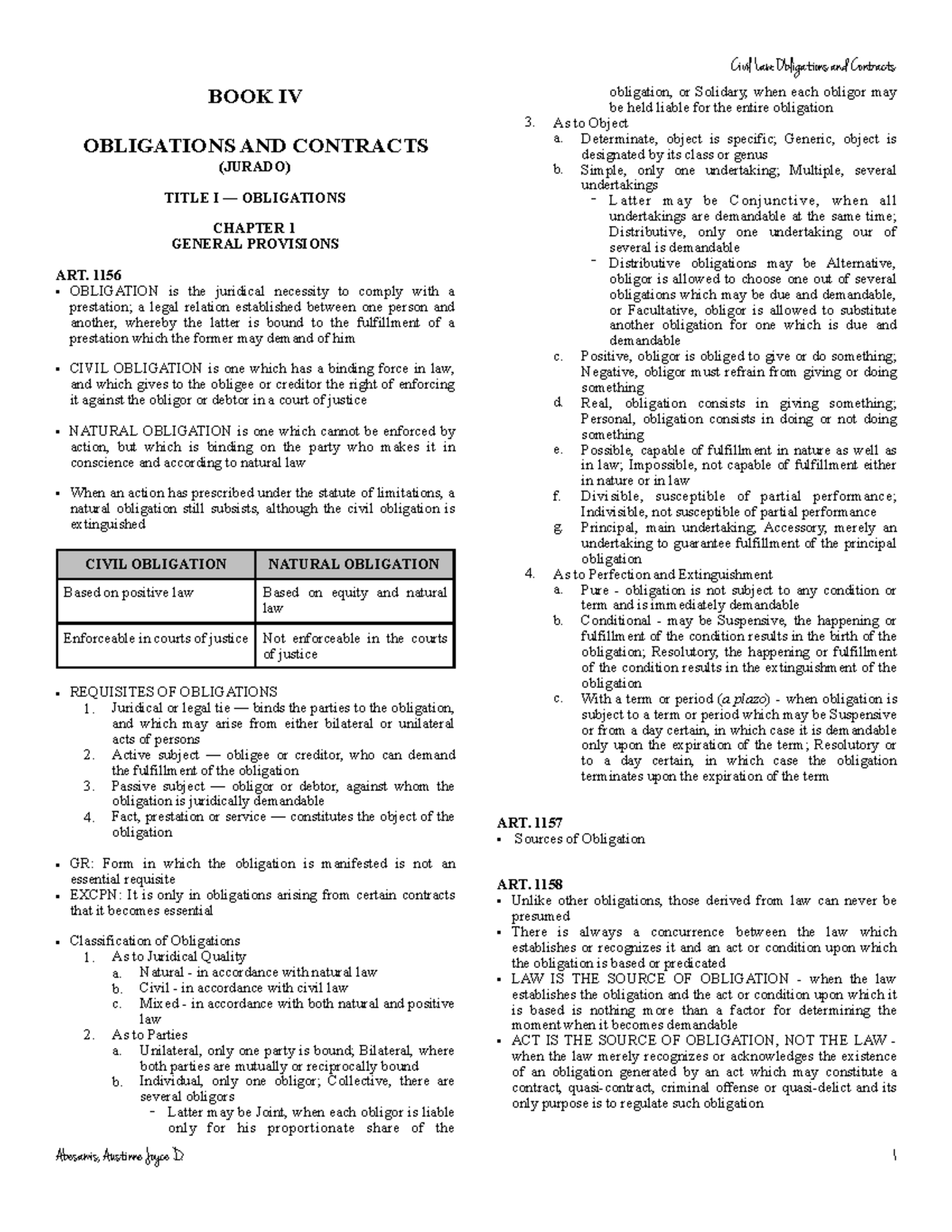 Civil Law: Obligations and Contracts (BOOK IV) - Comprehensive Reviewer ...