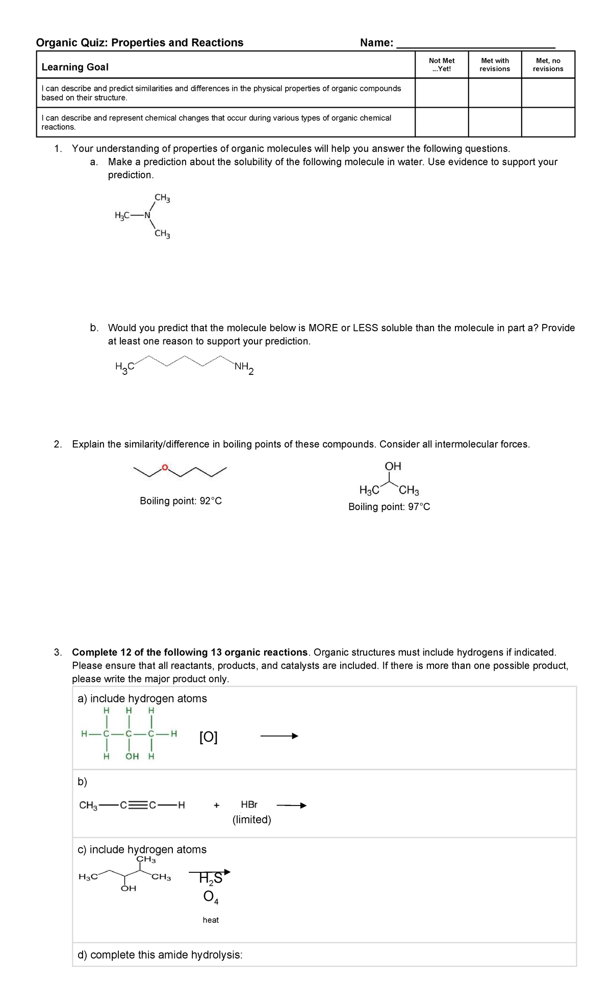 Organic Quiz: Properties & Reactions (2024) - Studocu