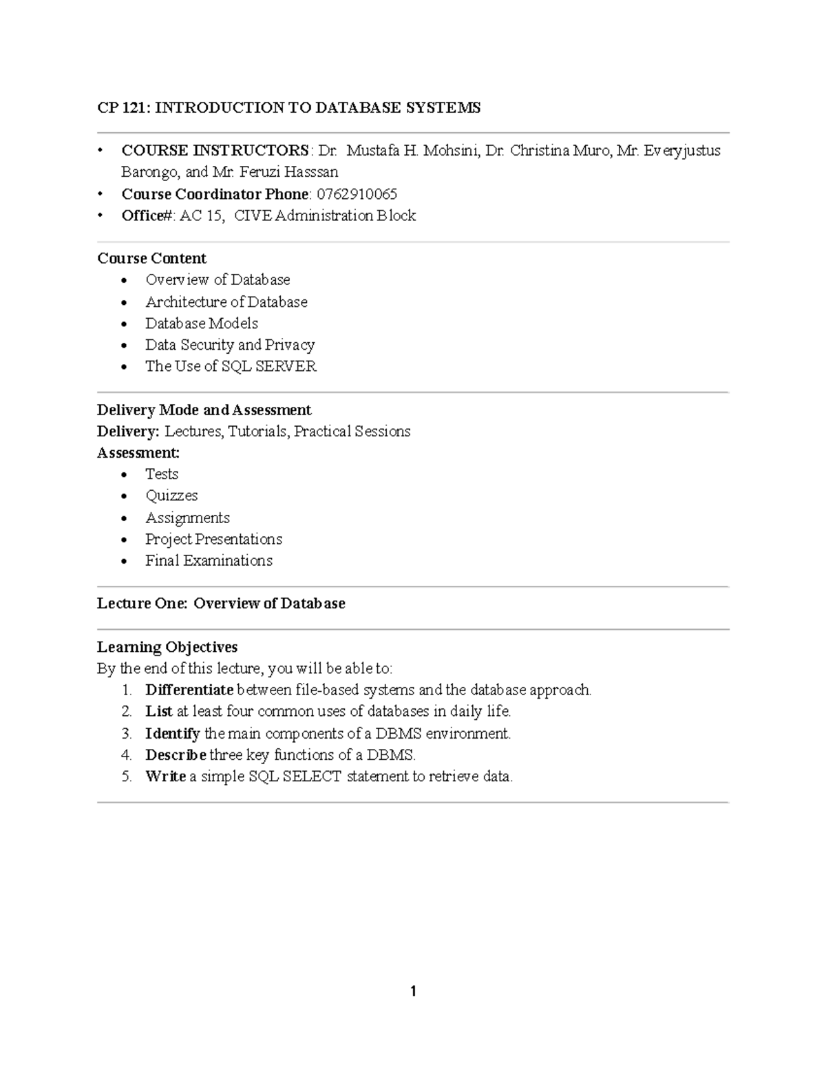 CP 121: Lecture 1 - Overview of Database Systems - Studocu