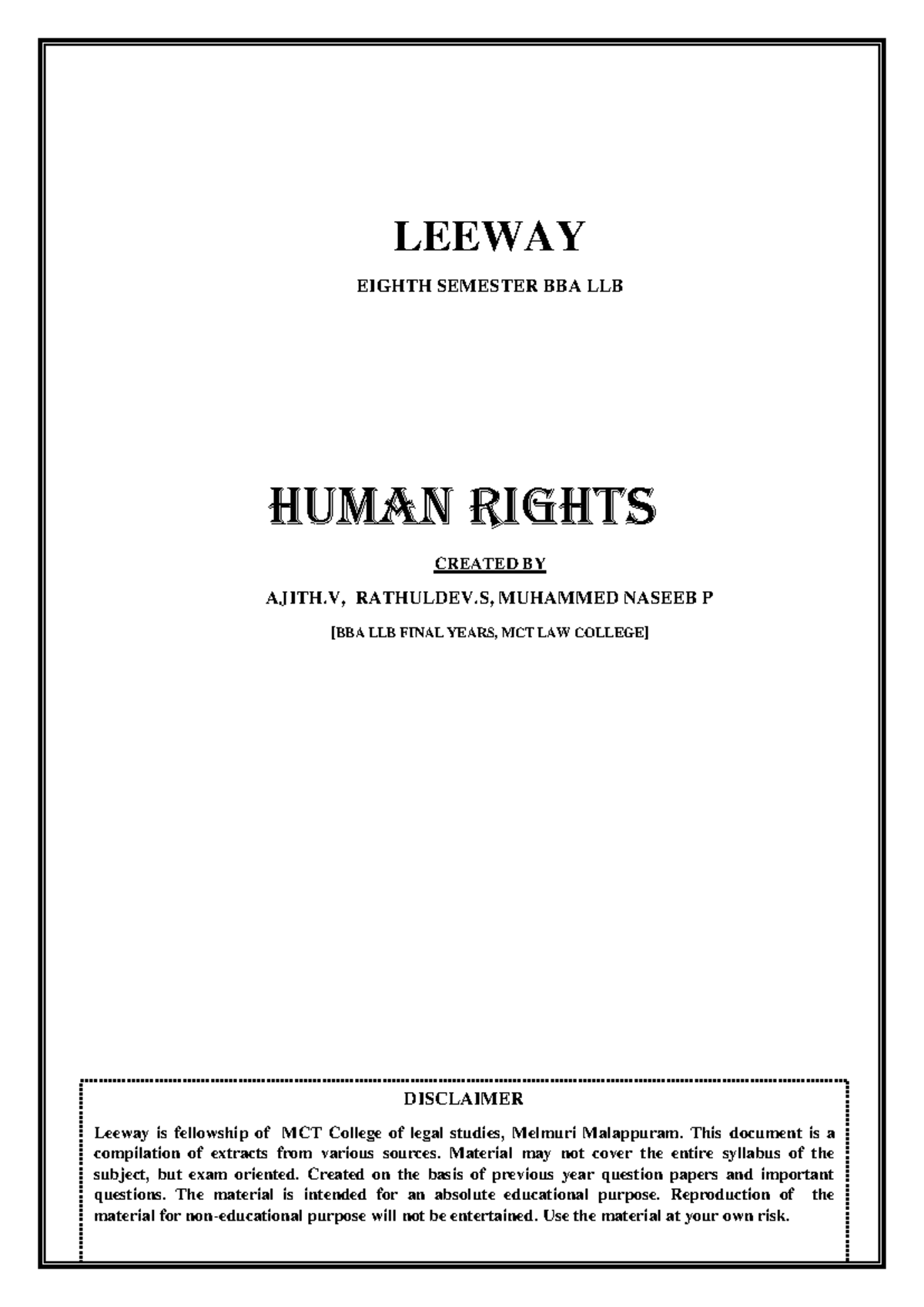 Human Rights-1 - Notes ti study - LEEWAY EIGHTH SEMESTER BBA LLB HUMAN ...