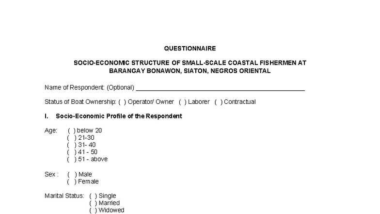 Questionnaire on Socio-Economic Structure of Coastal Fishermen (BARAN ...
