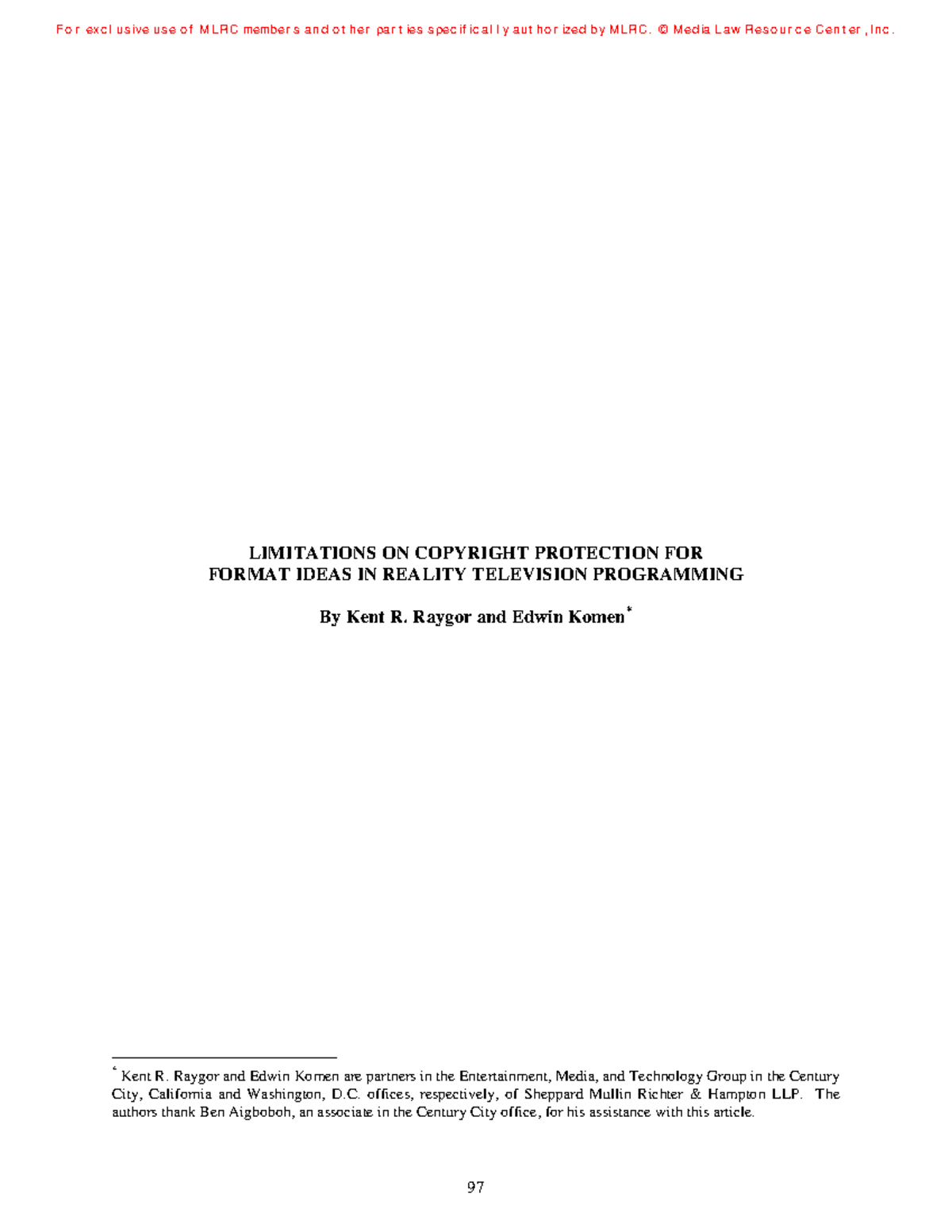 Limitations of Copyright Protection on Reality TV Format Ideas - Studocu