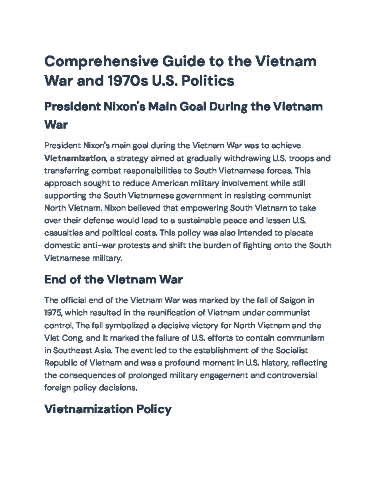 Comprehensive Overview of Vietnam War & U.S. Politics (HIST-101) - Studocu