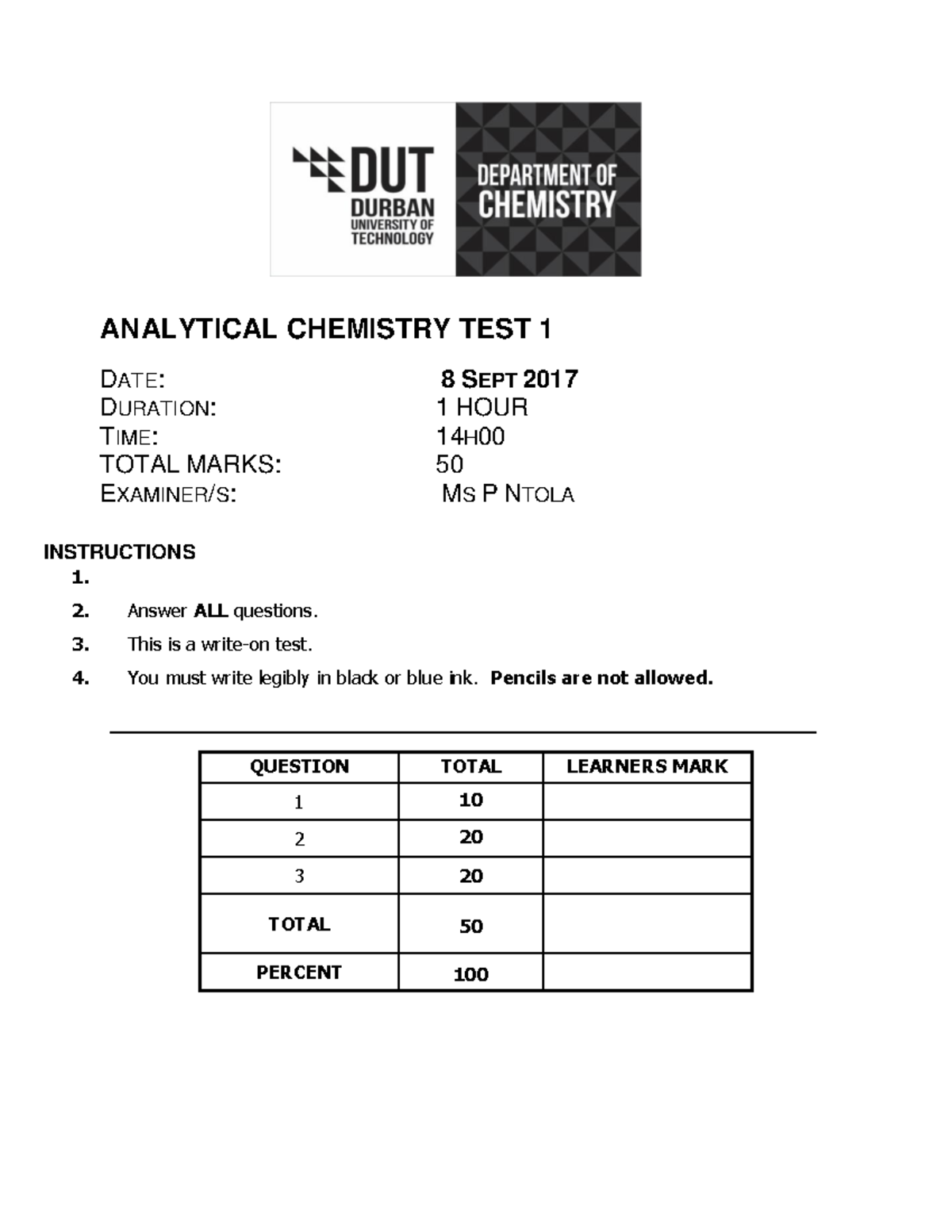 Test 1 2017, questions and answers - ANALYTICAL CHEMISTRY TEST 1 DATE ...