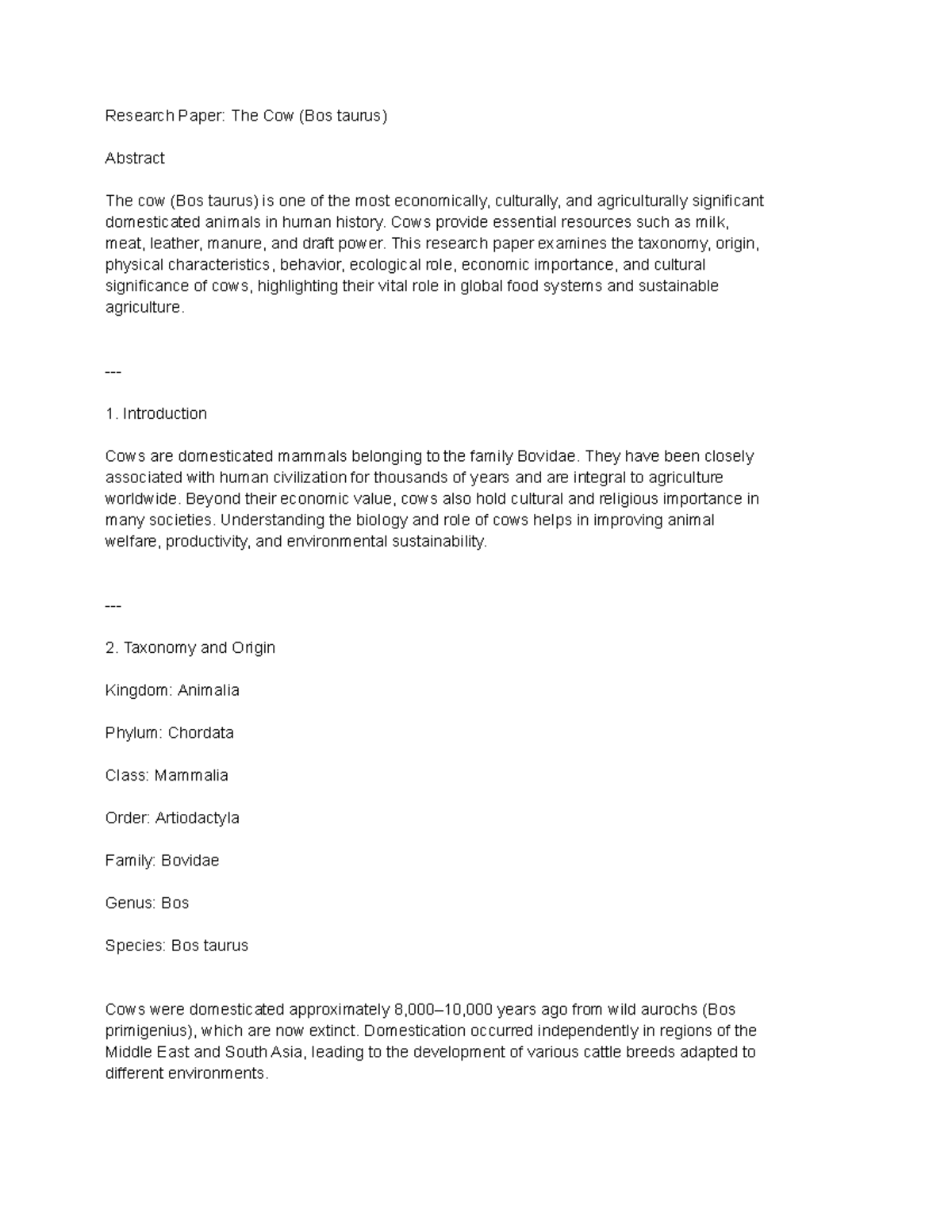 Research Paper: The Cow (Bos taurus) - Importance & Impact - Studocu