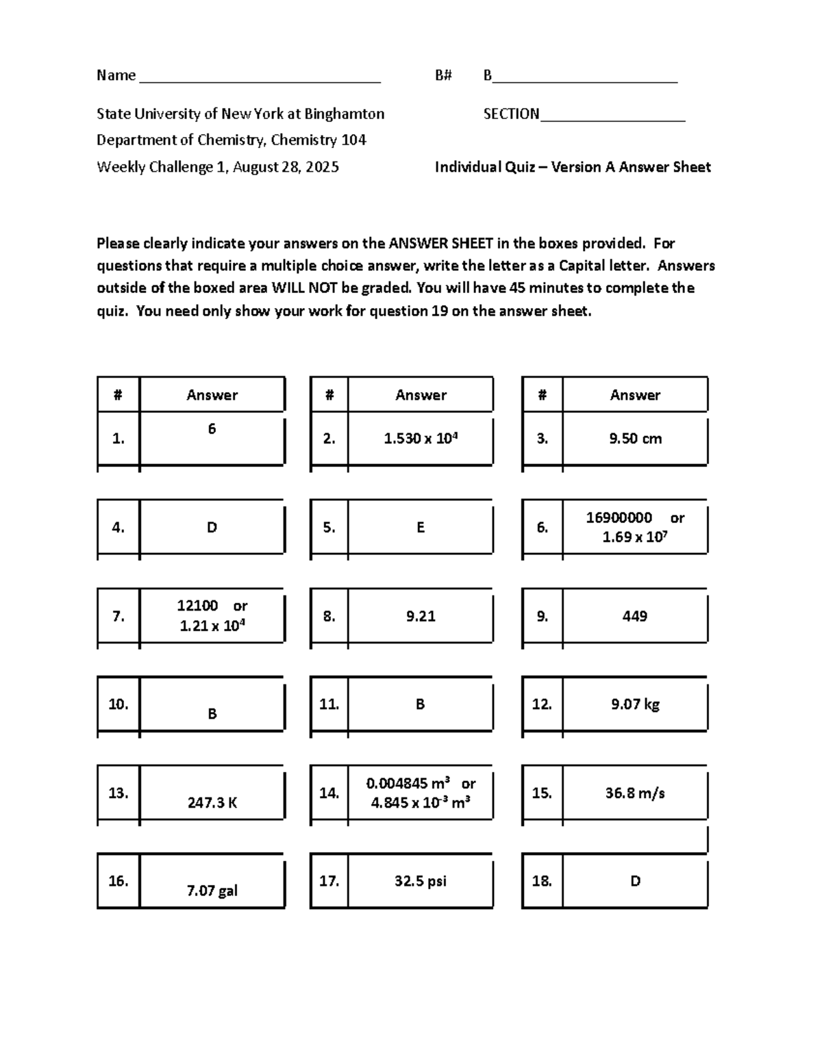 Chemistry 104 Weekly Challenge 1 Answer Key (Versions A, B, C) - Studocu