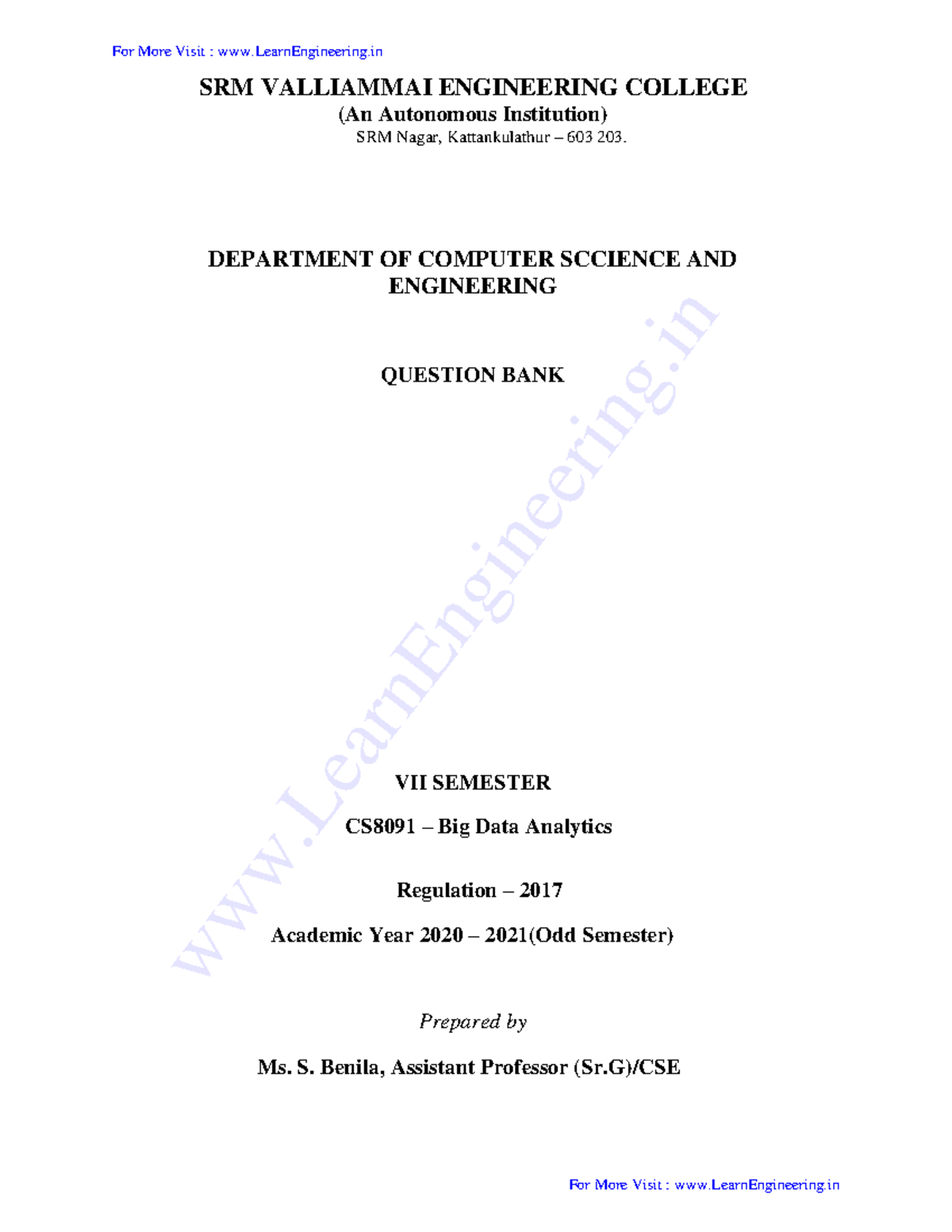 CS8091-Big Data Analytics Question BANK - SRM VALLIAMMAI ENGINEERING COLLEGE (An Autonomous ...