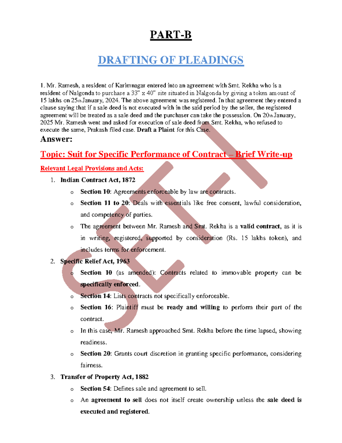 Plaint for Specific Performance of Contract (CPC Order VII) - PART-B ...