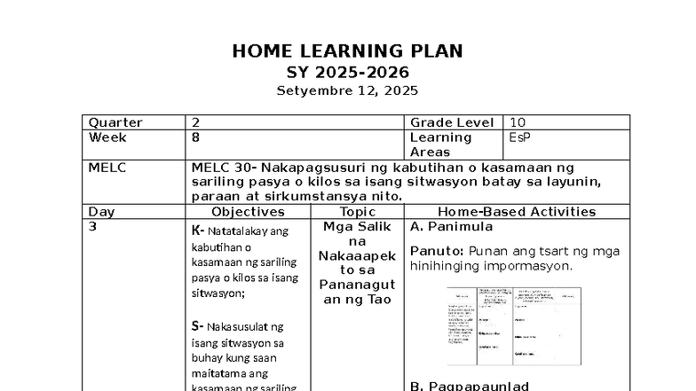 HLP: Home Learning Plan for Grade 10 EsP - Week 3 Activities - Studocu