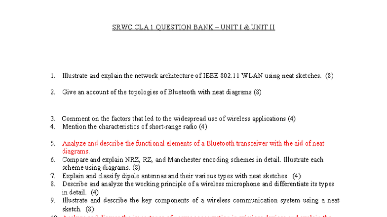 SRWC CLA1 Question Bank: Wireless Communication Concepts & Techniques ...
