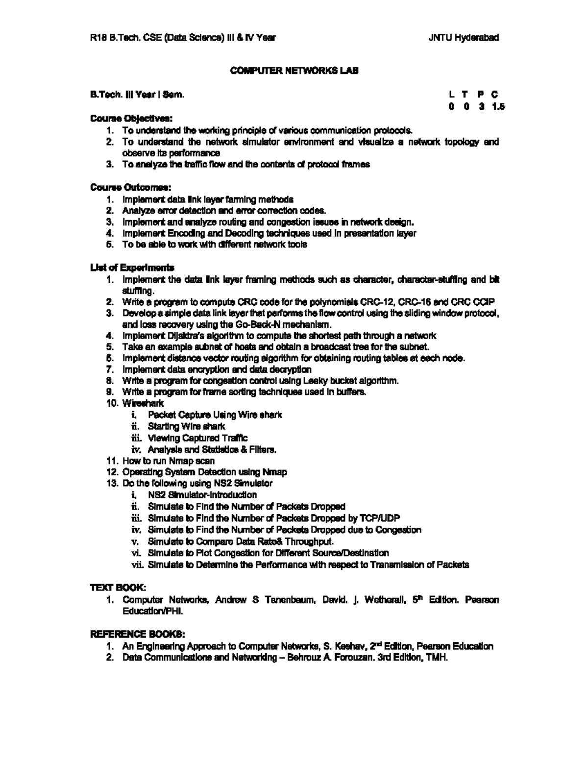 Cns - cns lab - R18 B. Tech. CSE (Data Science) IV Year JNTU Hyderabad COMPUTER NETWORKS LAB B ...