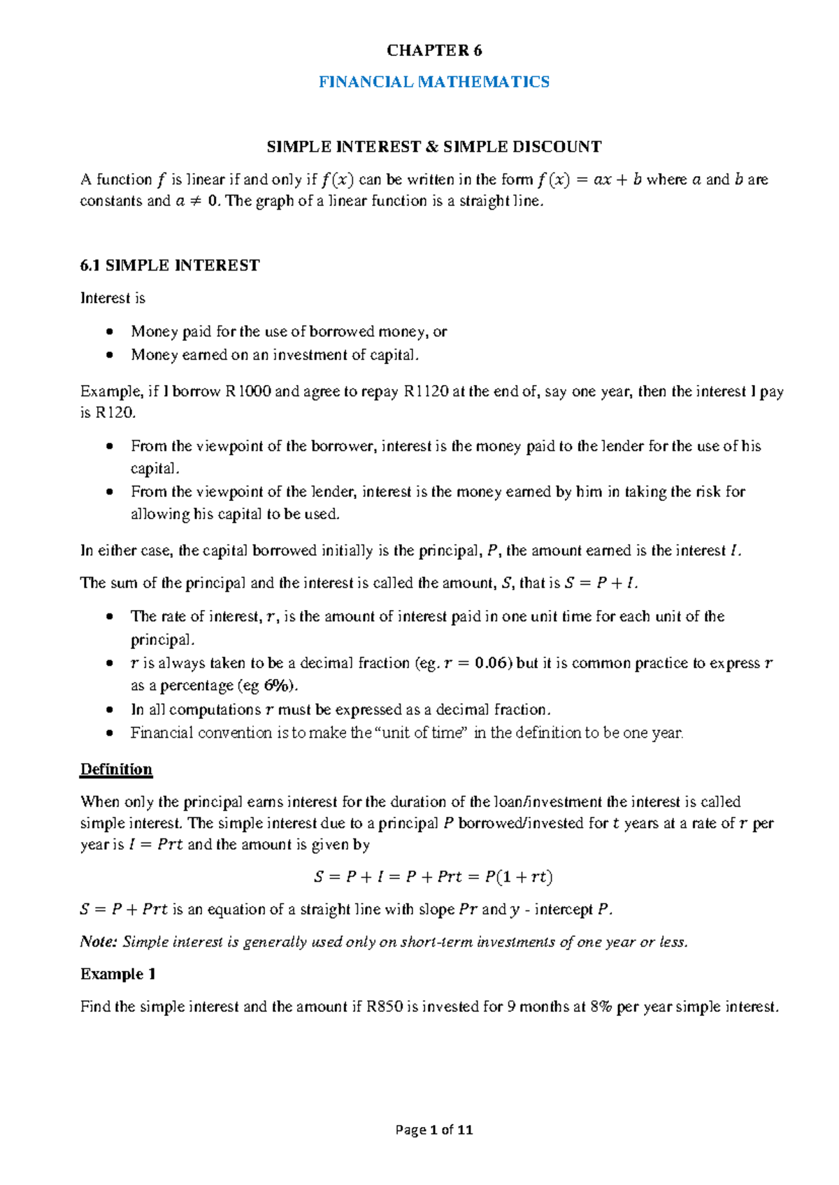 CHAPTER 6 - FINANCIAL MATHEMATICS: SIMPLE INTEREST & DISCOUNT - Studocu