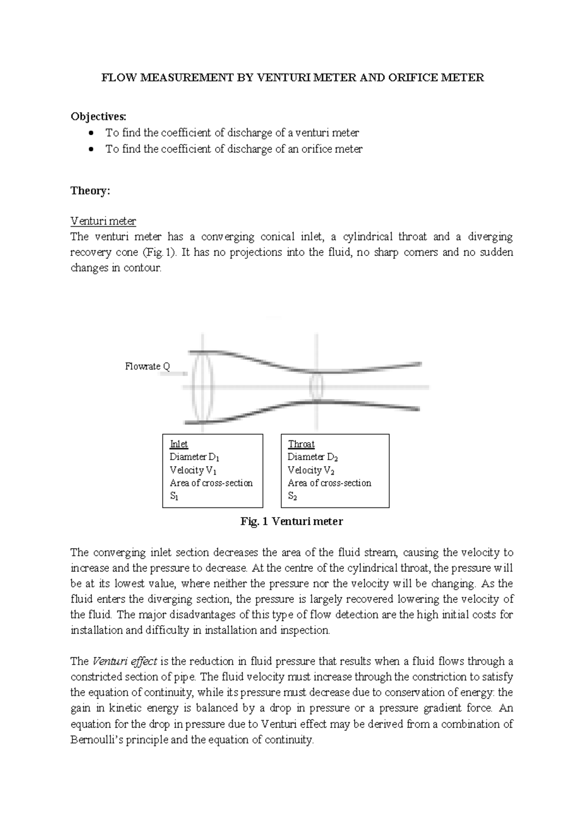 Flow Measurment By Venturi Meter And Orifice Meter - FLOW MEASUREMENT ...