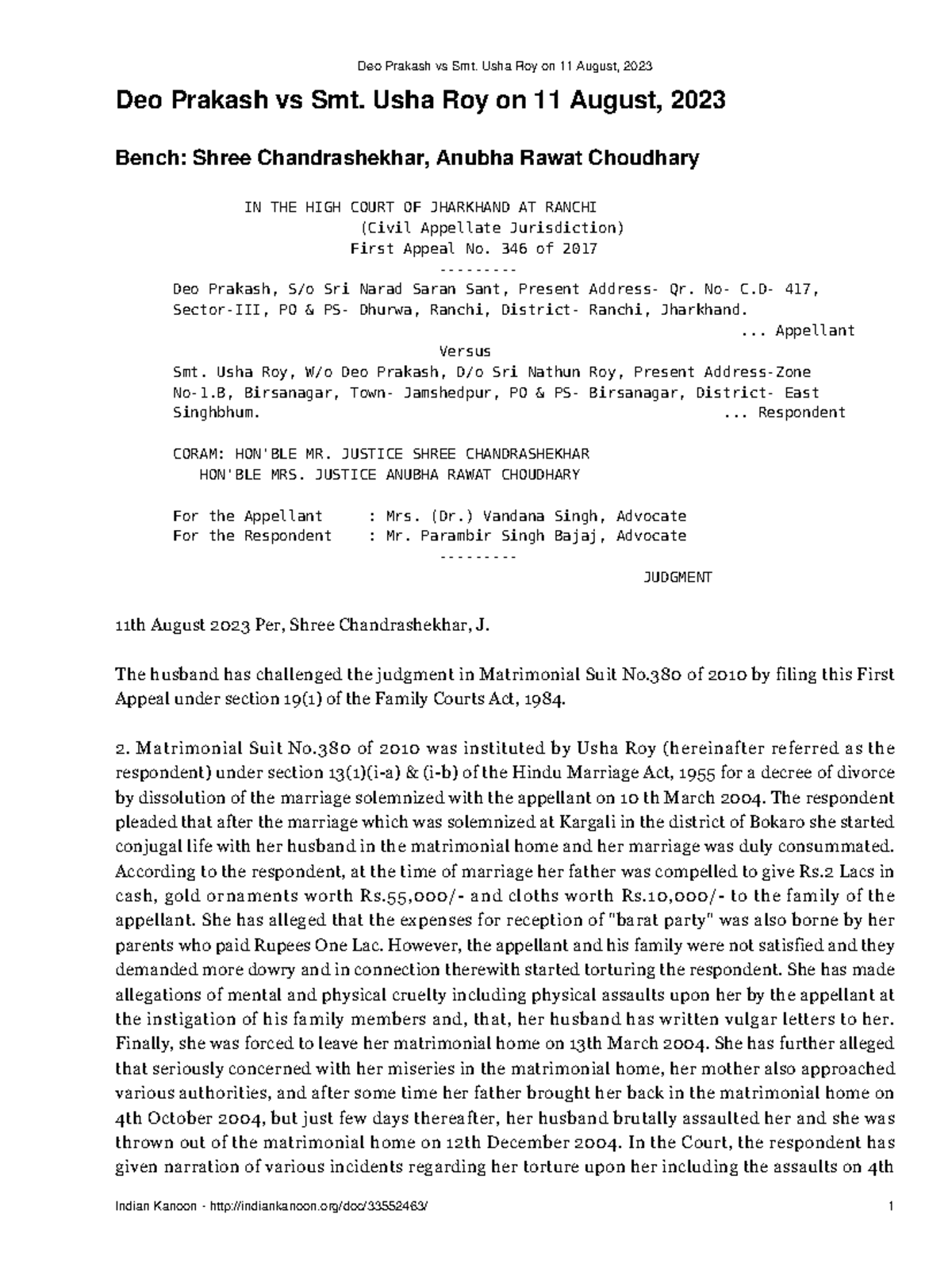 Deo Prakash vs Smt Usha Roy: First Appeal Judgment - 11 Aug 2023 - Studocu