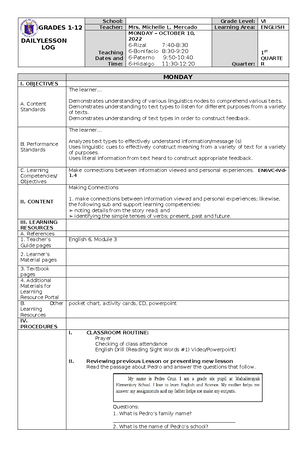 English Lesson Plan Oct 11, 2022 - GRADES 1- DAILY LESSON LOG School ...