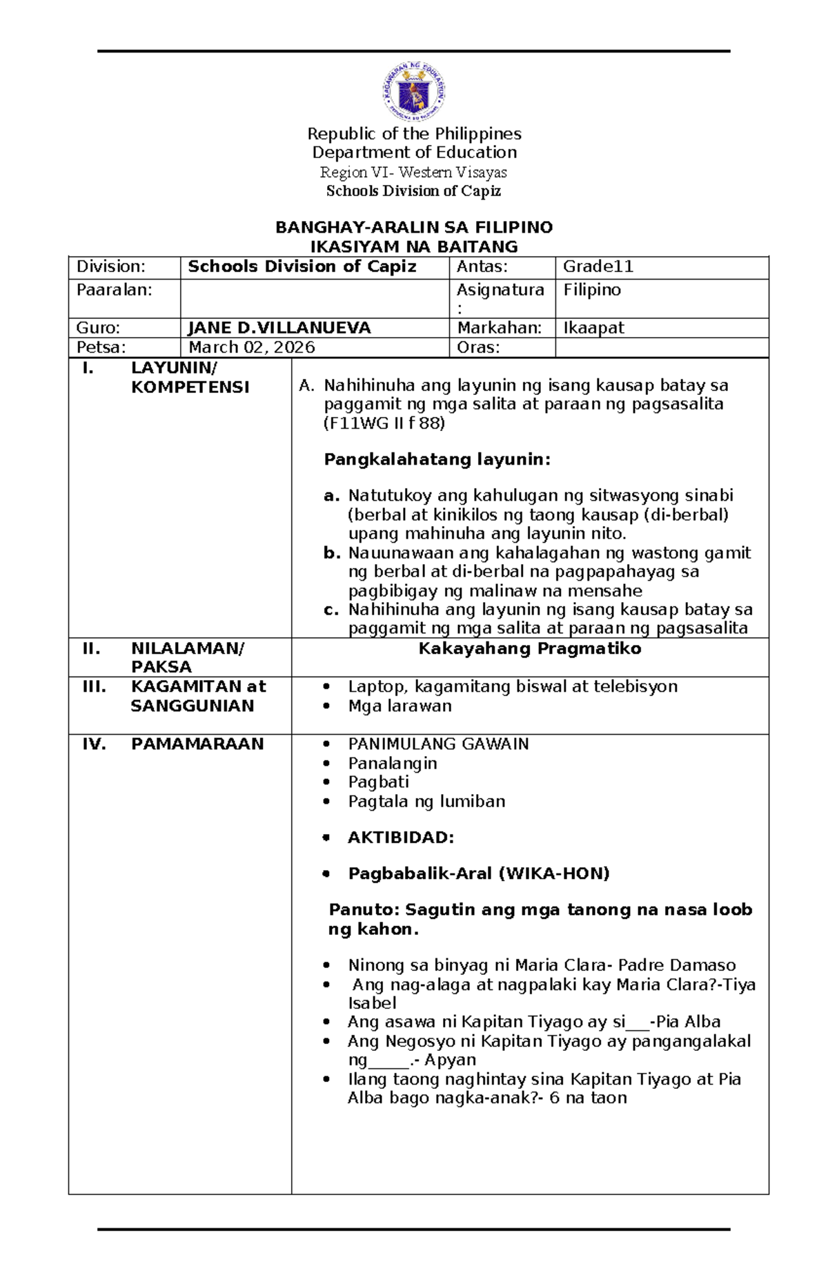 Filipino Grade 11 Lesson Plan: Pagsusuri ng Noli Me Tangere Kabanata 7 ...