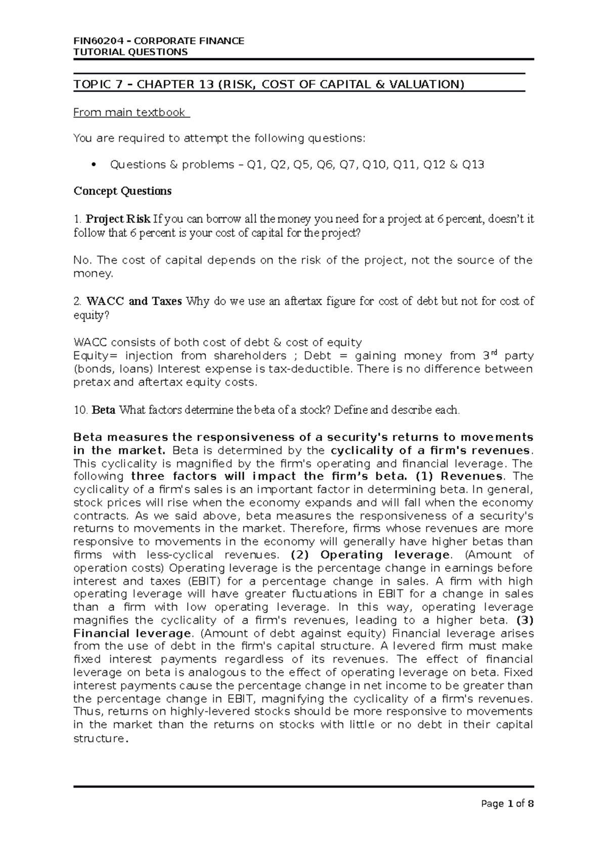 Tutorial 7 - Questions - Good answer by Dr Mohsin Ali - TUTORIAL ...