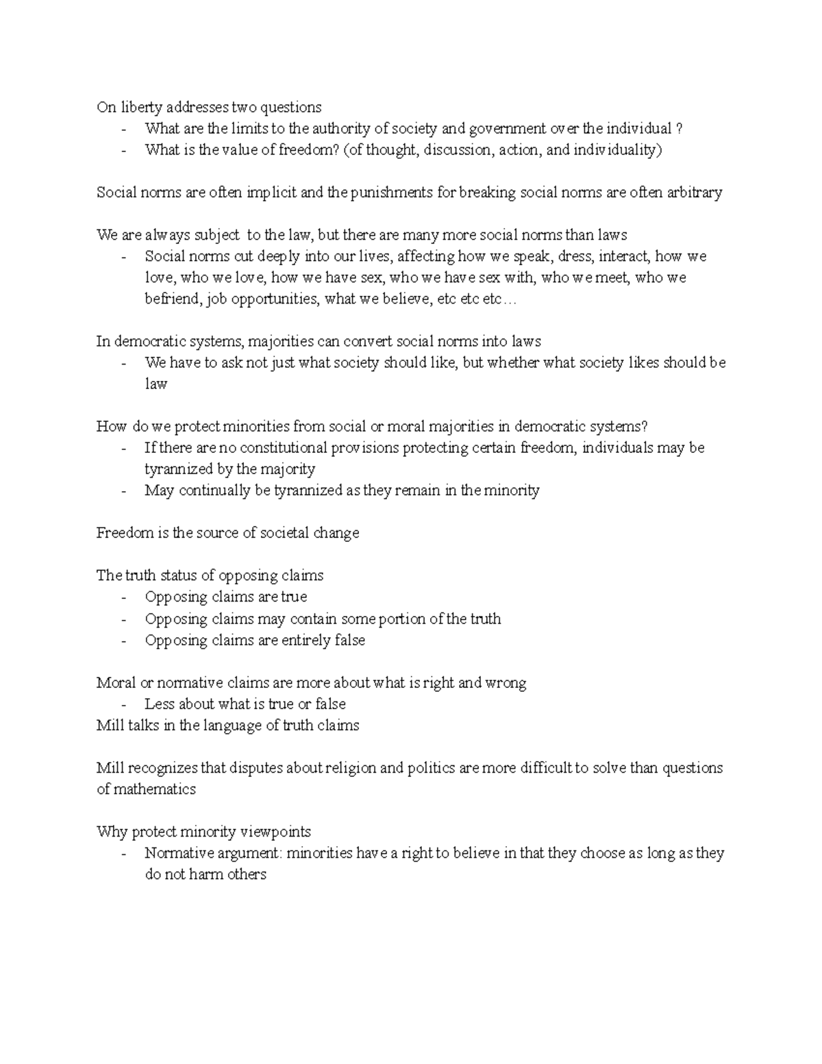 Poli Theory 101 - Mill's On Liberty Lecture Notes by M. Mackenzie - Studocu