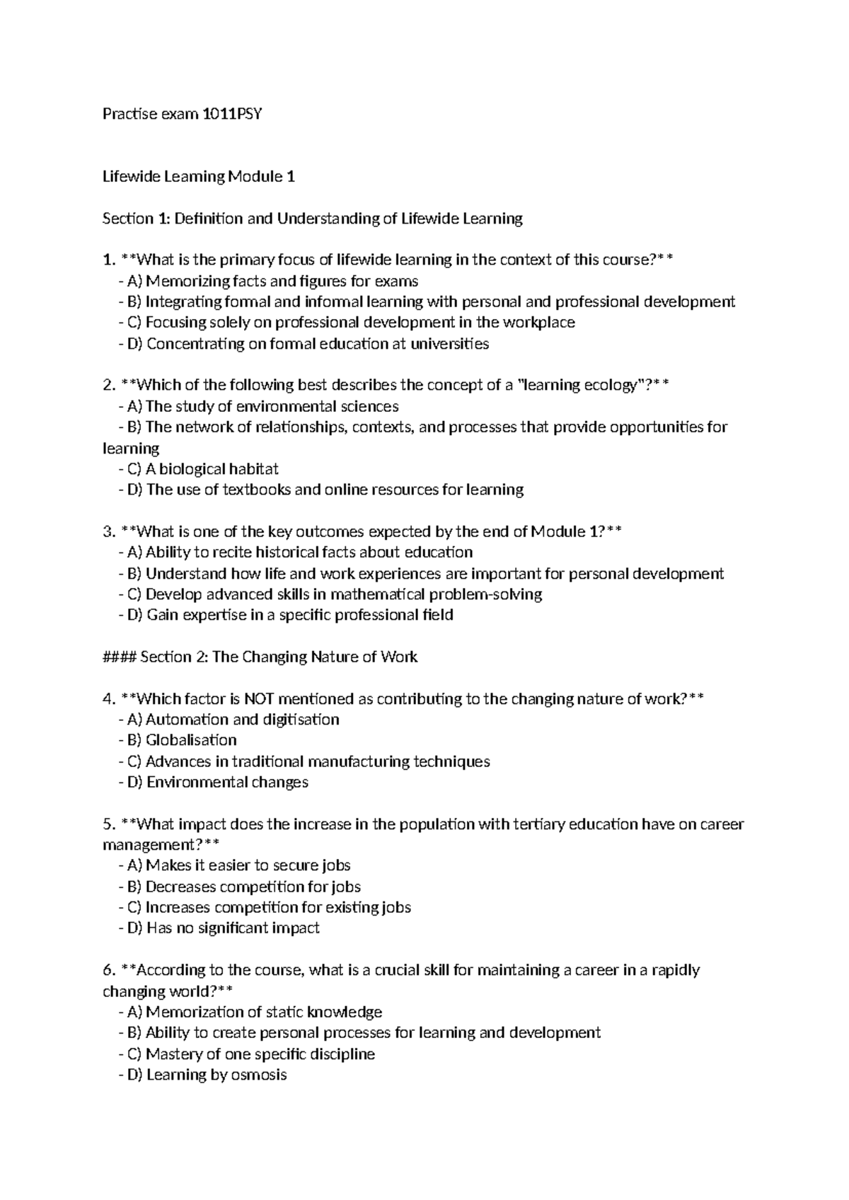 Practical Exam Review for Lifewide Learning 1011PSY - Studocu