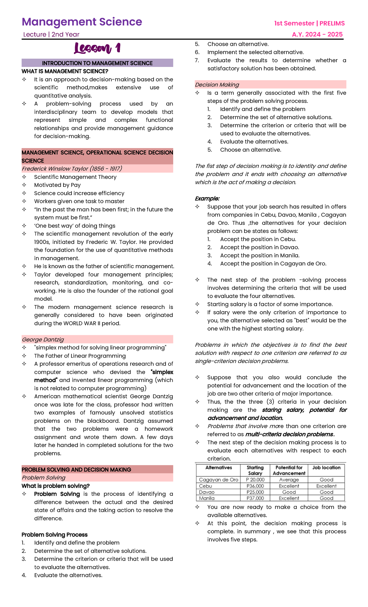 Management Science - Prelim Lecture Notes for 1st Semester 2024-2025 ...