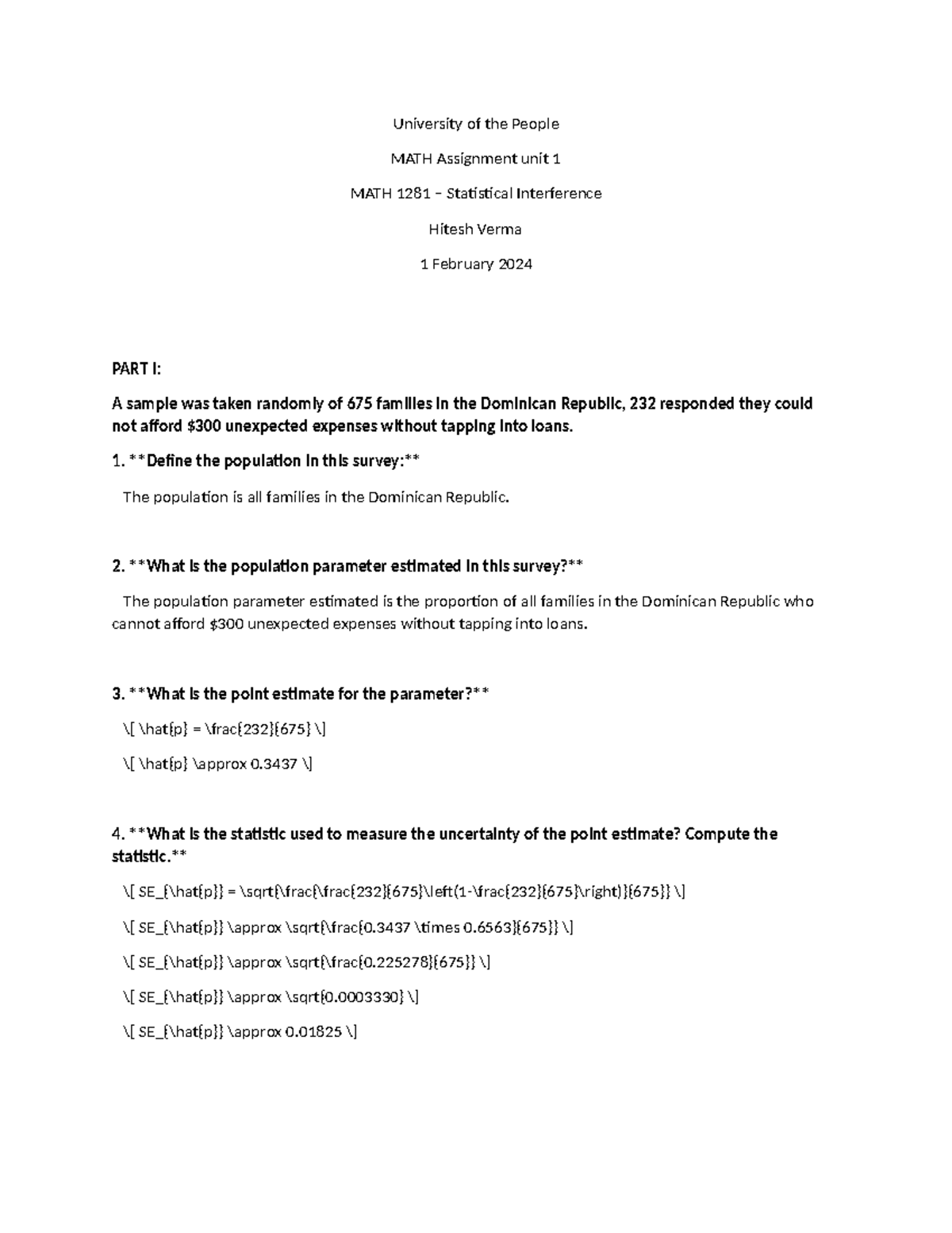 MATH 1281 - Unit 1 Assignment: Statistical Interference Analysis - Studocu