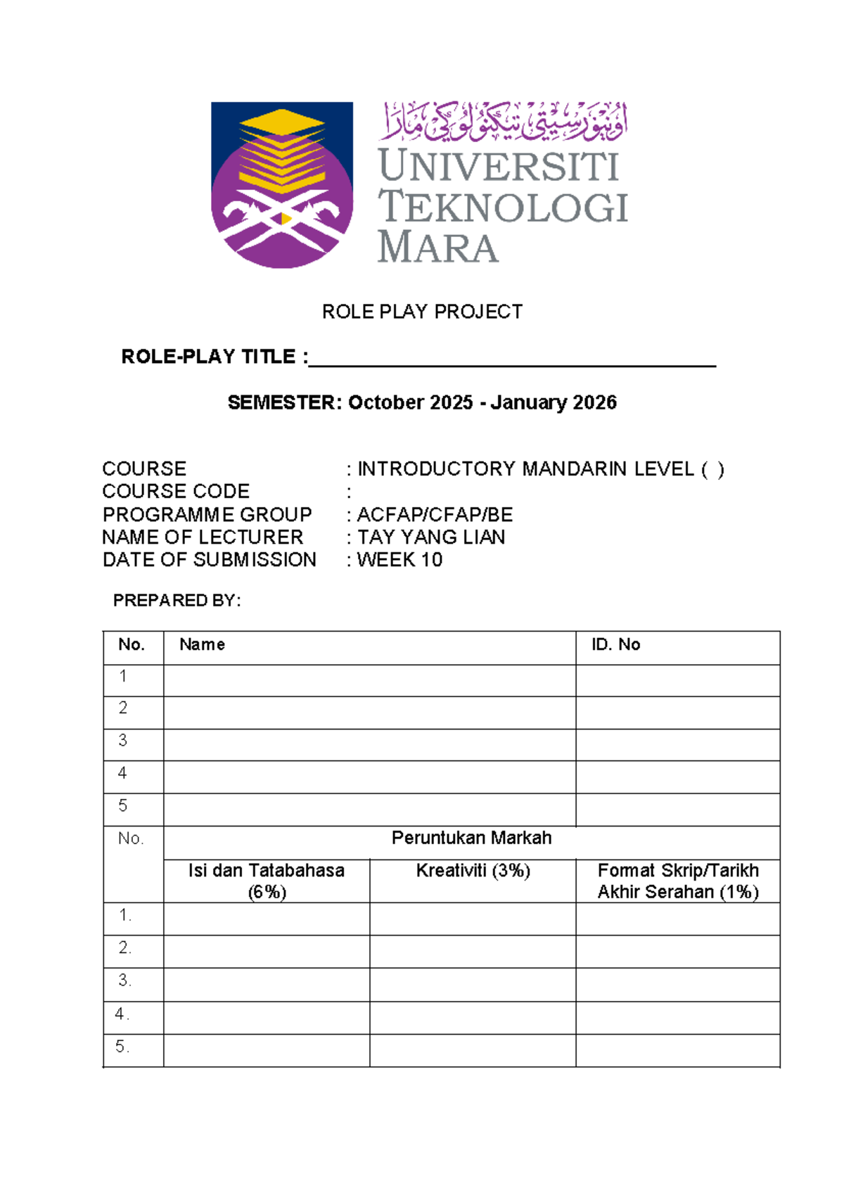 ROLE PLAY PROJECT: INTRODUCTORY MANDARIN (Oct 2025 - Jan 2026) - Studocu