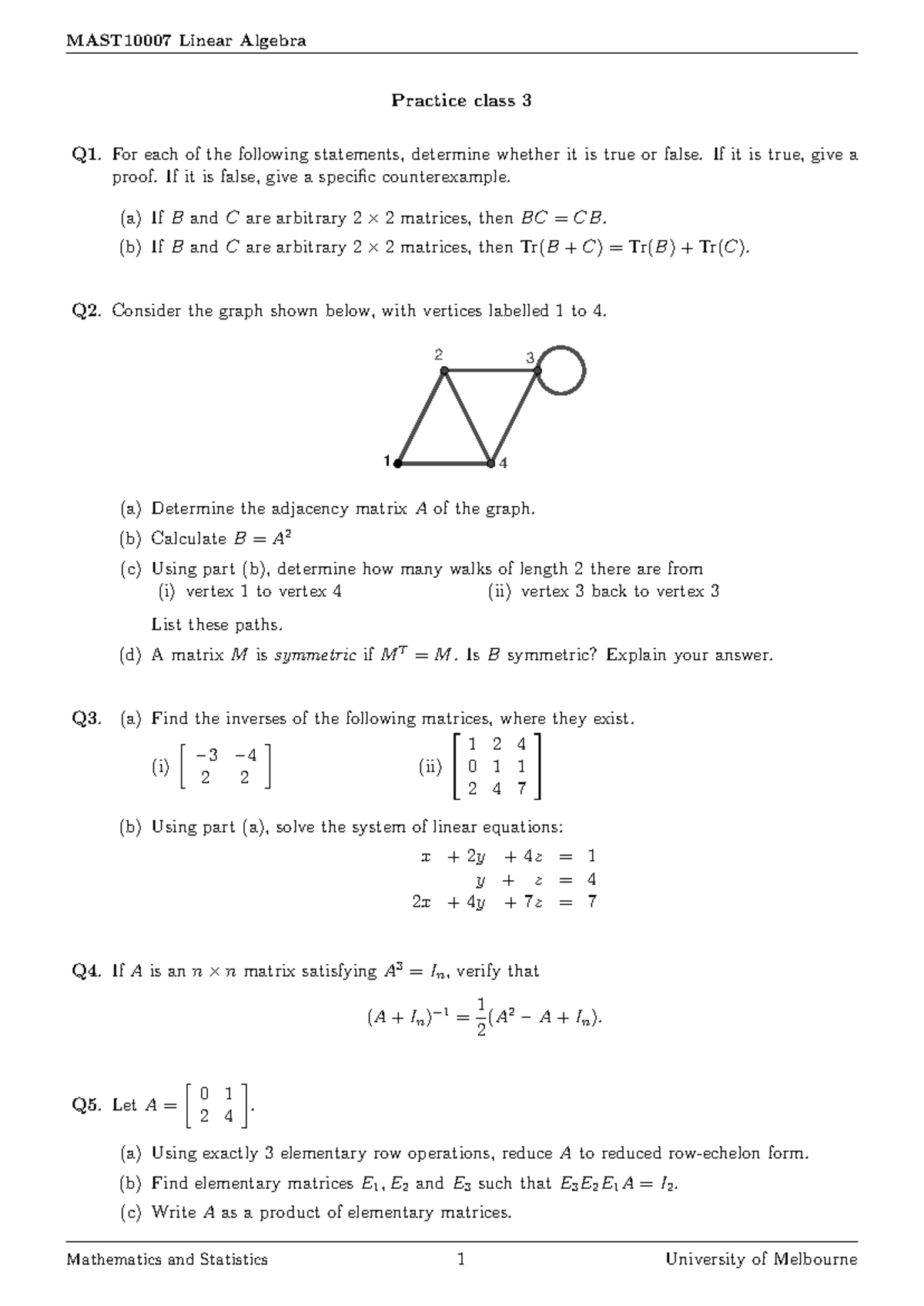 Linear Algebra Practice Class 3 Questions and Solutions - Studocu