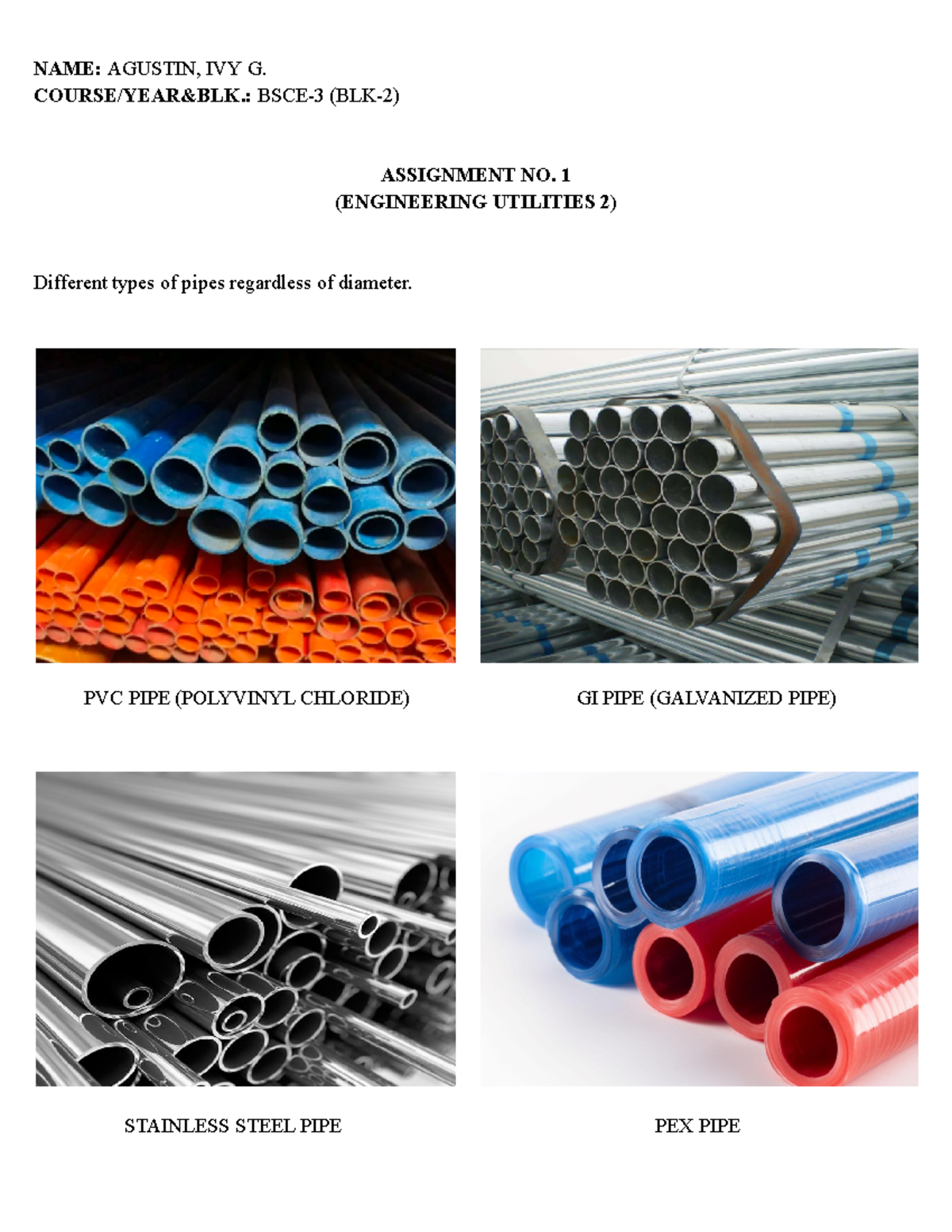 Utility - Different Kinds of Pipes - NAME: AGUSTIN, IVY G. COURSE/YEAR ...