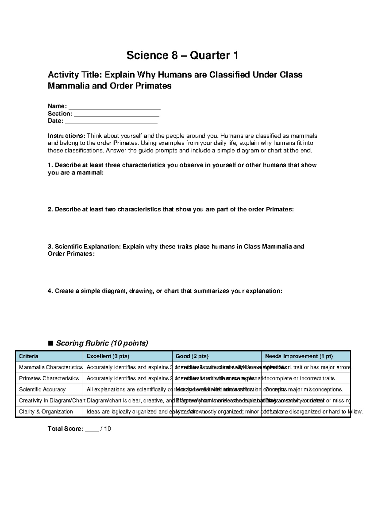 Science 8 Q1 Activity: Understanding Mammalia & Primates - Studocu