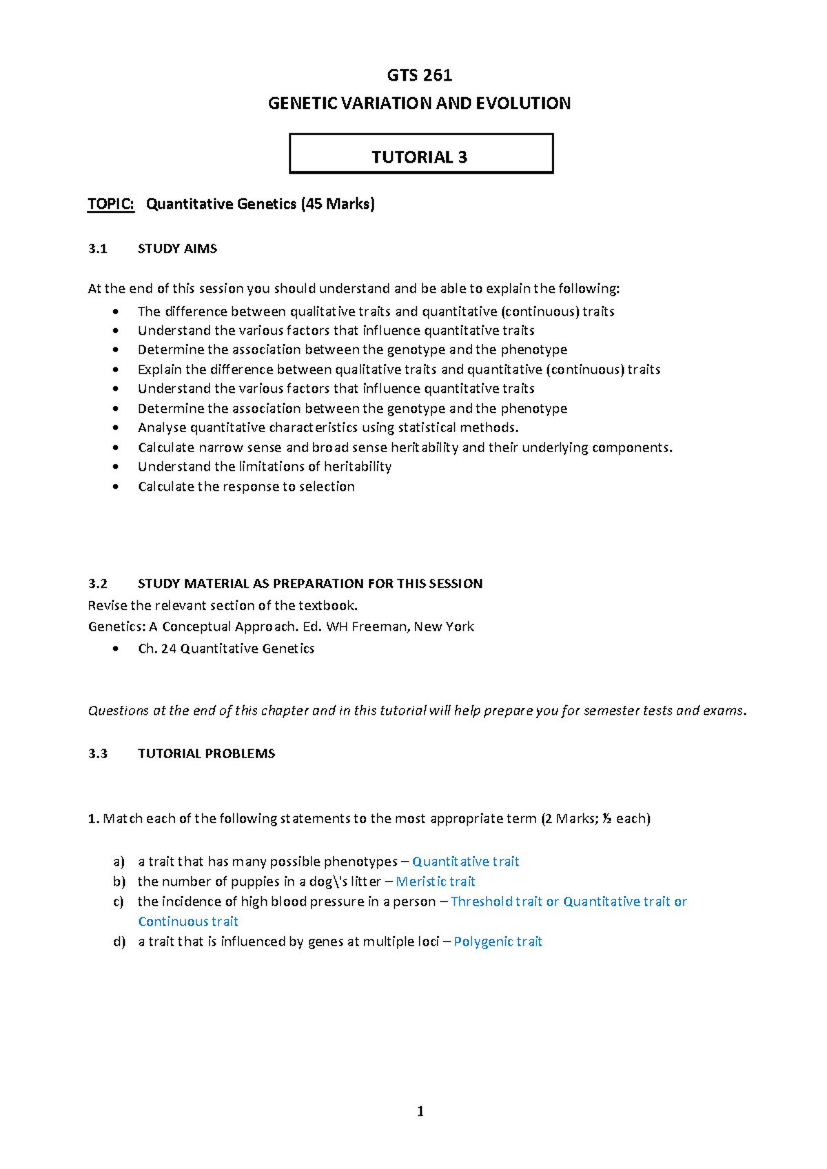GTS 261 Quantitative Genetics Tutorial 3: Understanding Genetic ...