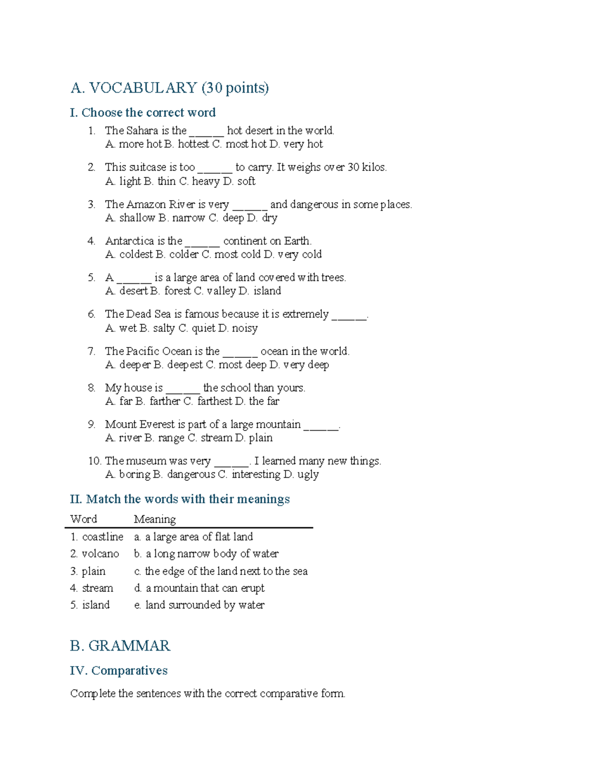 Unit 5 Test – Out Of This World (Grade 7) Vocabulary & Grammar - Studocu