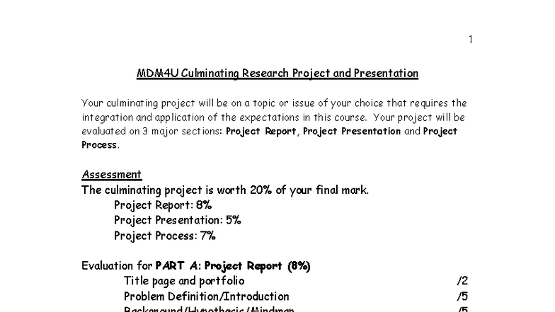 MDM4U Culminating Project Overview & Evaluation Criteria 2019 - Studocu