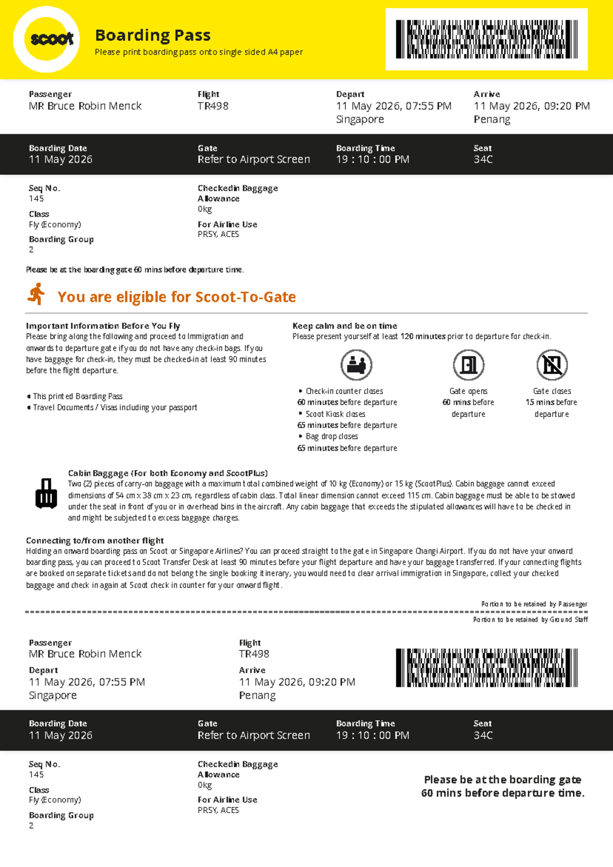 Boarding Pass for Flight TR498 - 11 May 2026 (Economy Class) - Studocu