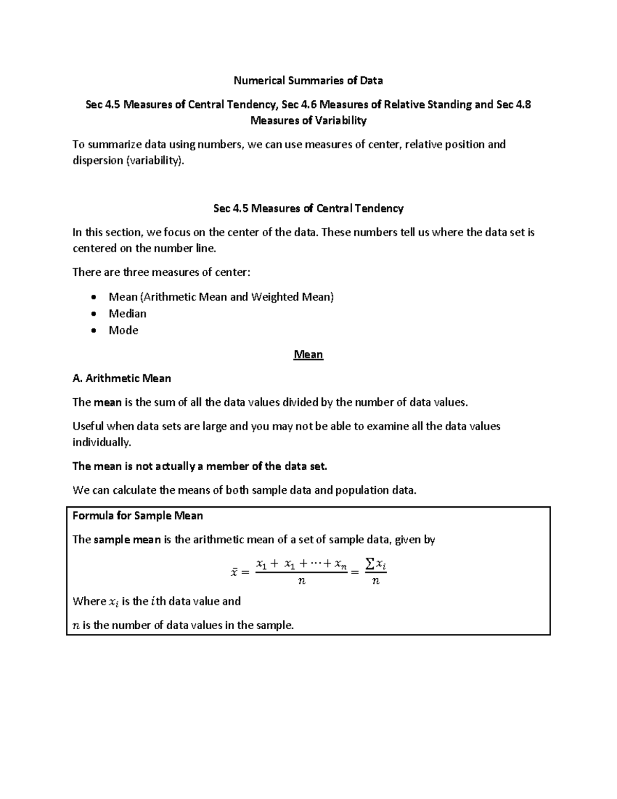 Numerical Measures of Central Tendency & Variability - Stat 101 - Studocu