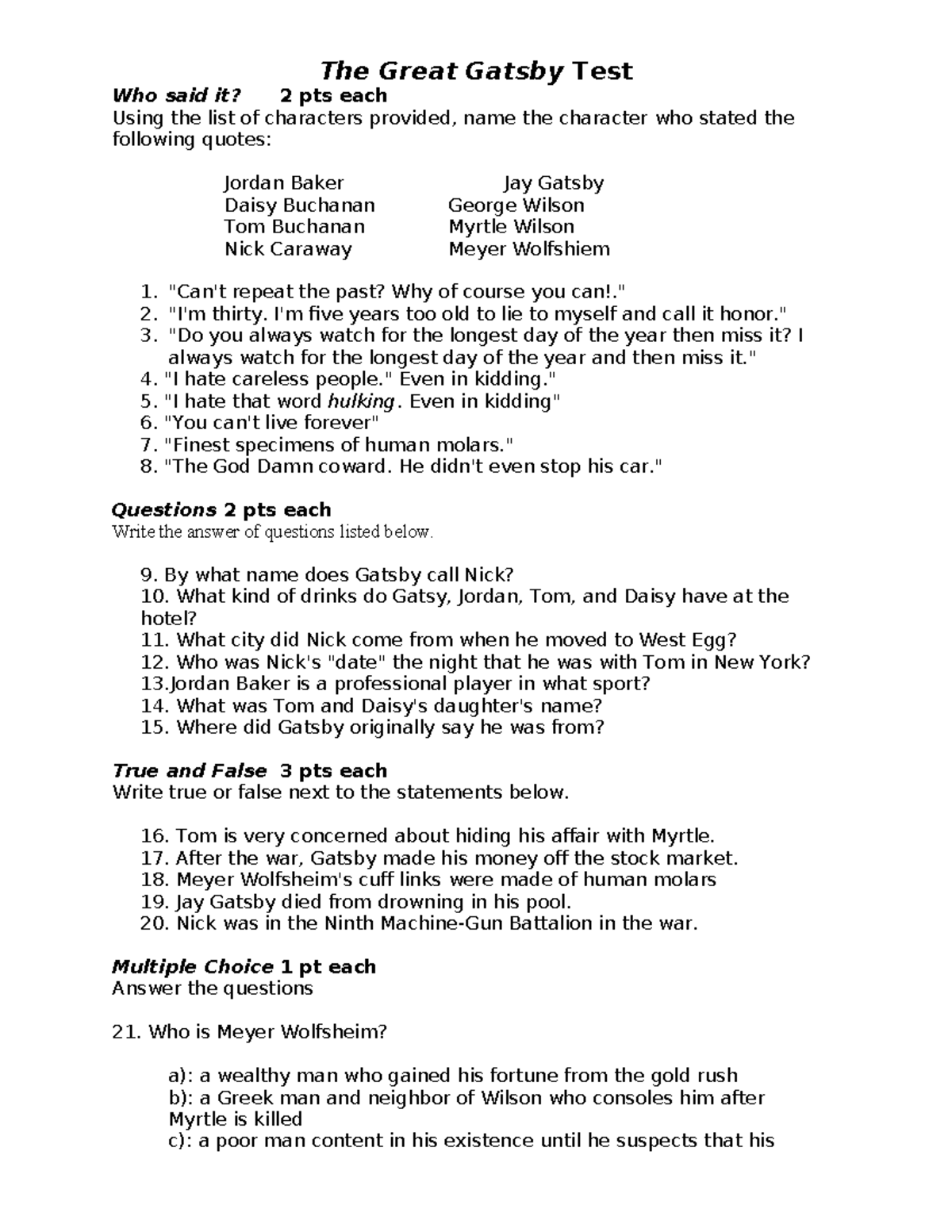 262014 828 The Great Gatsby Character Quote & Quiz Test - Studocu