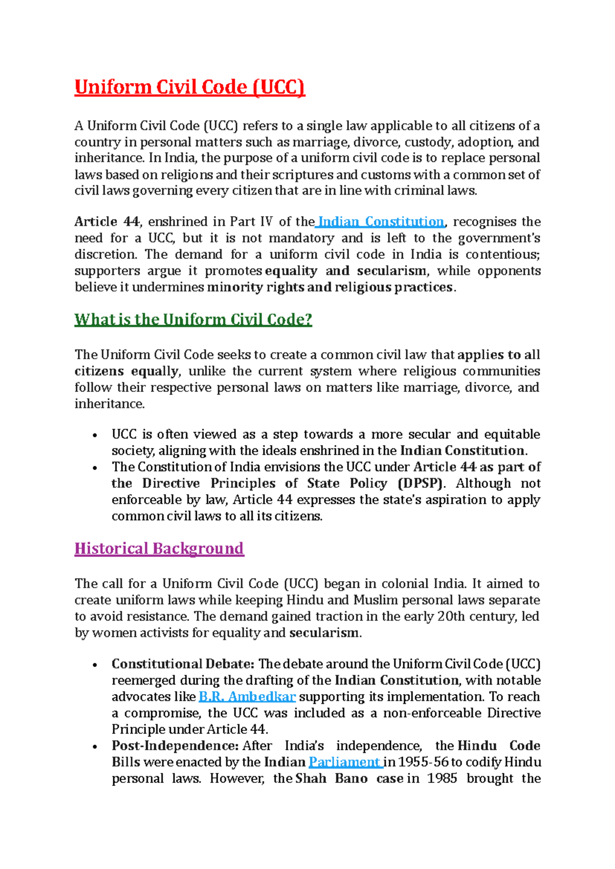 Uniform Civil Code (UCC): Historical Context and Current Debates - Studocu