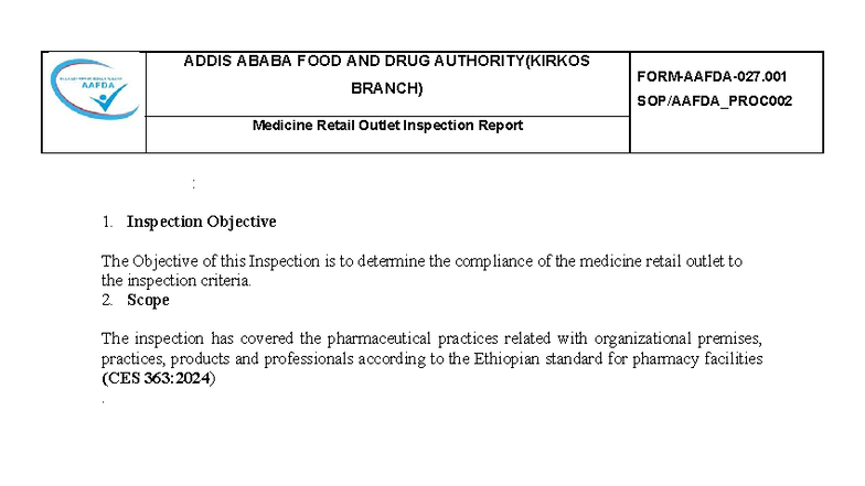 ADDIS ABABA FOOD AND DRUG AUTHORITY Medicine Retail Inspection Report ...