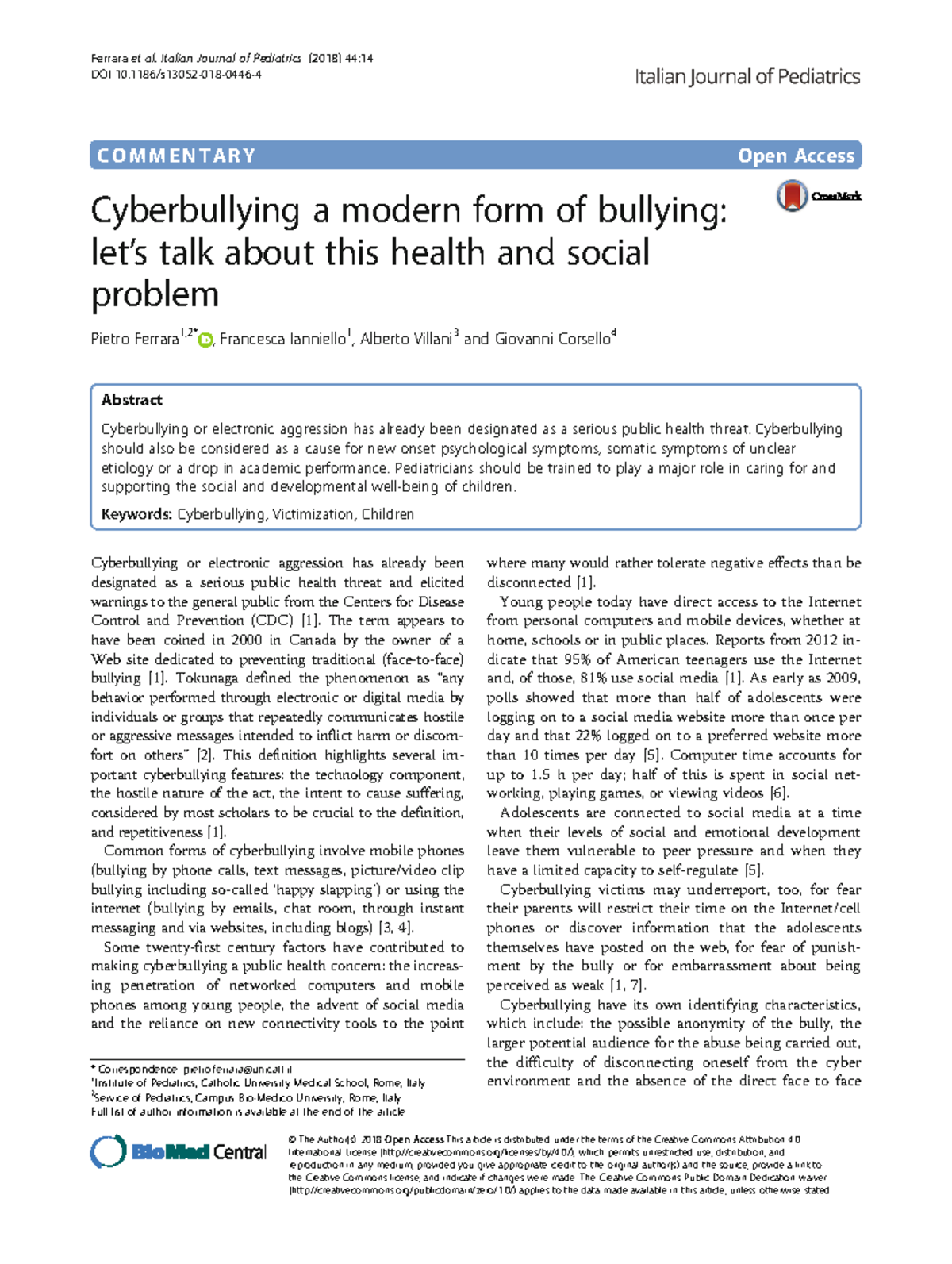Cyberbully article 1 - C O M M E N T A R Y Open Access Cyberbullying a ...