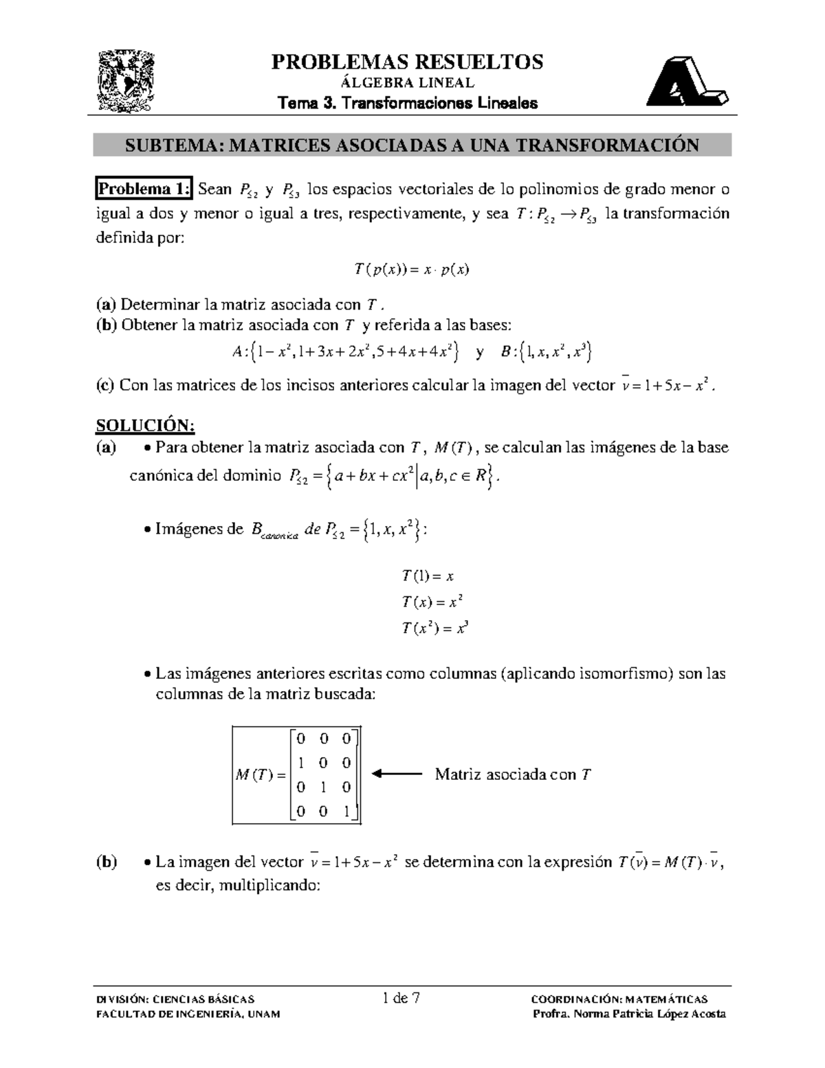 Matriz Asociada a Transformaciones Lineales - Ejercicios de Álgebra - Studocu